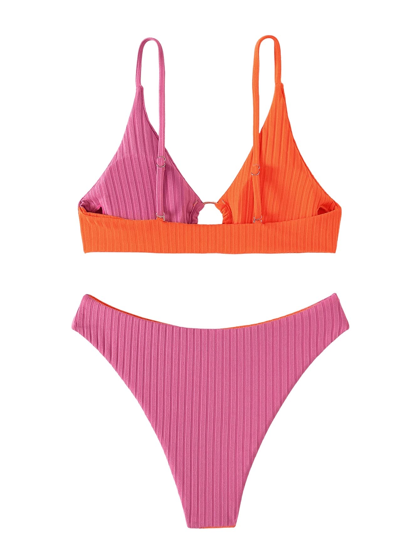 SOLY HUX Women's Sexy Bikini Set Color Block Ring Linked Bathing Suits 2 Piece Swimsuit Orange and Pink S