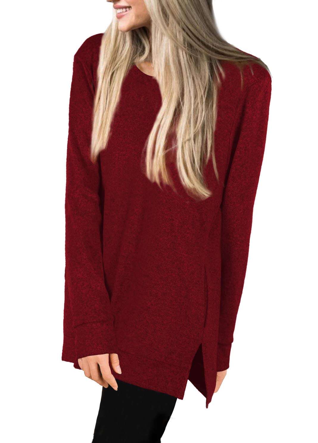 WIHOLL Tunic Sweaters for Women Crew Neck Loose Fit Casual Shirts Deepred M