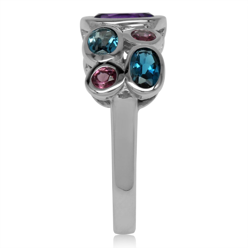 Silvershake Natural Amethyst Rhodolite Garnet and London Blue Topaz 925 Sterling Silver Cluster Cocktail Ring Size 8