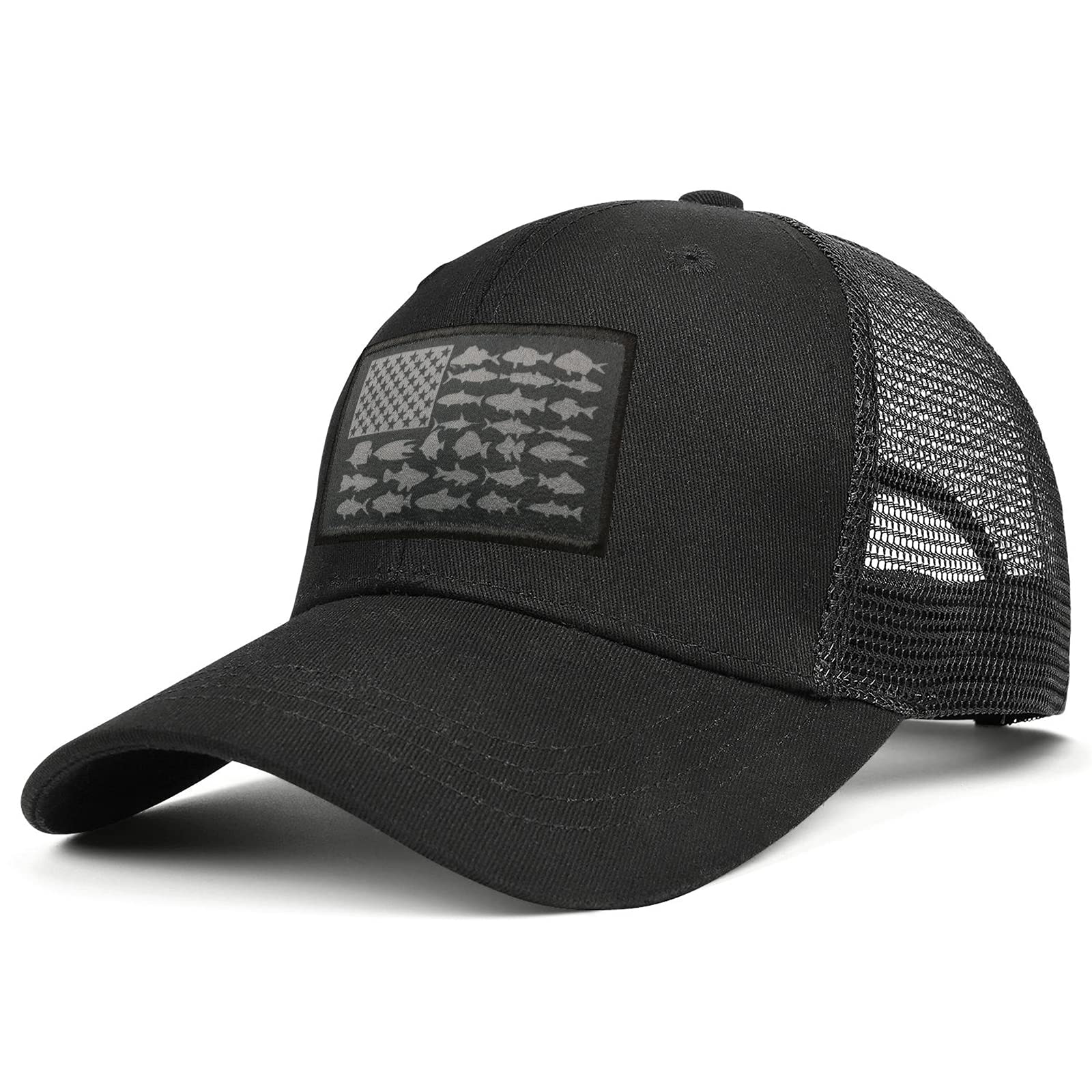 Thy Thou American Fish Flag Trucker Hats for Men Fishing Hat Adjustable Mesh Embroidered Baseball Cap for Mens Gift