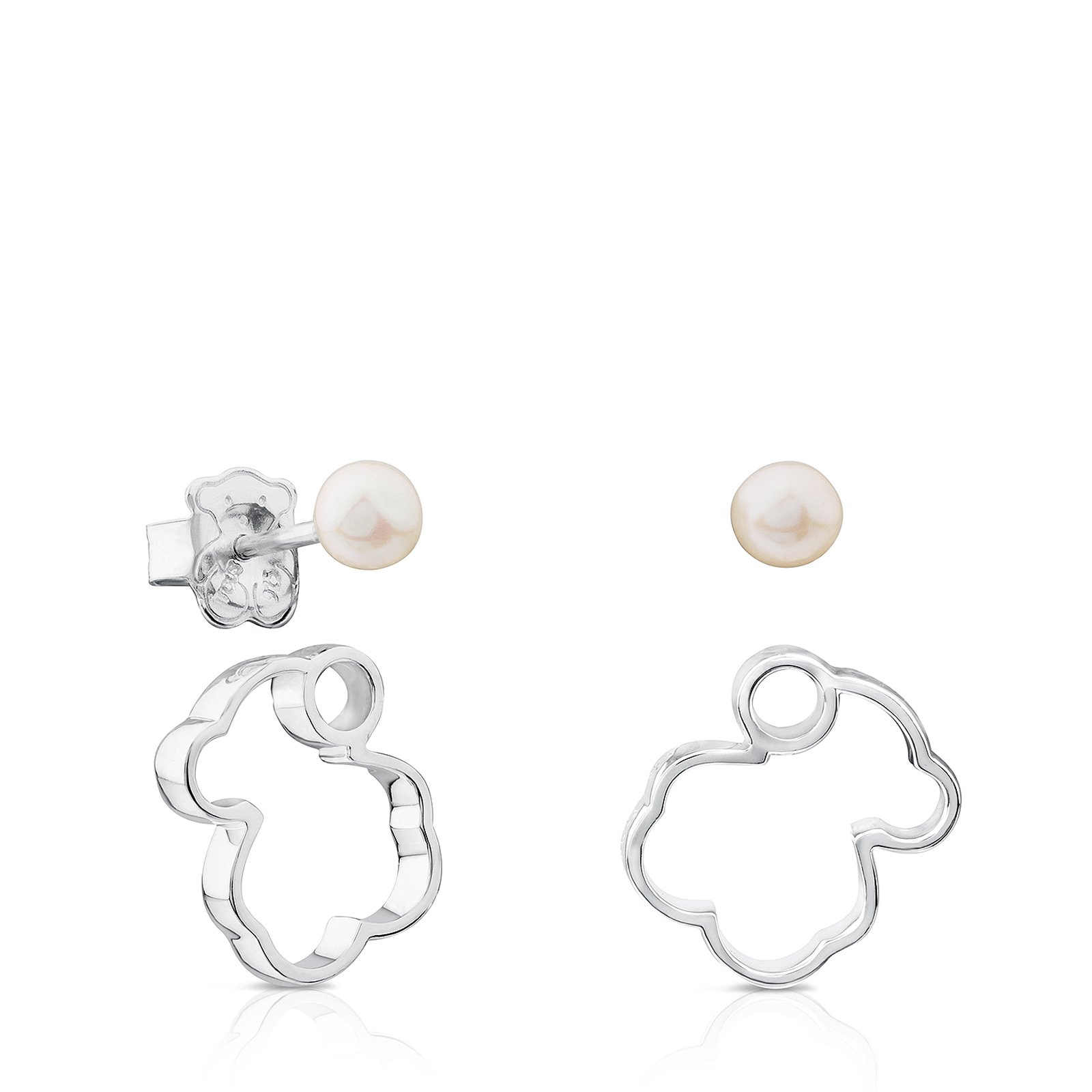 TOUS Sterling Silver Earrings for Women with Pearl & Bear Motif, Size: 1.4 cm, Silueta Collection