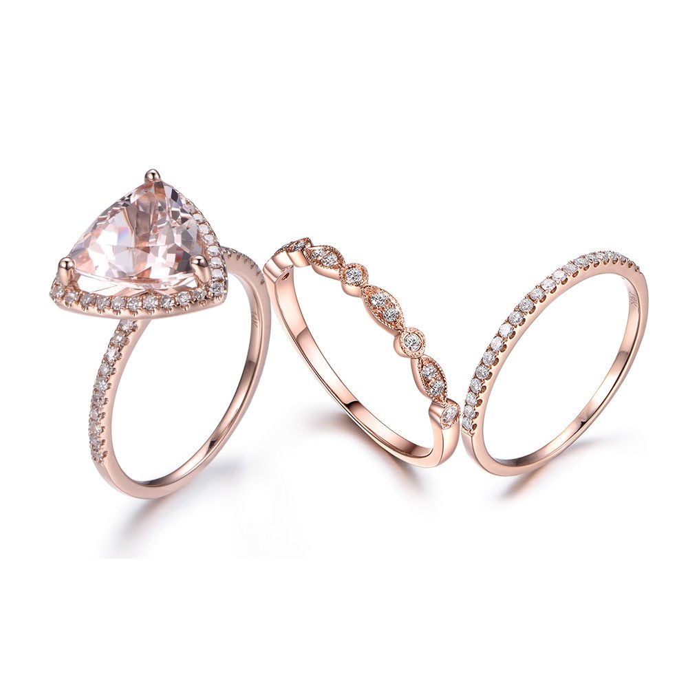 Triangle Morganite Engagement Ring Set,10mm Trillion Stone Halo Diamond 14k Rose Gold Rings Stacking Band
