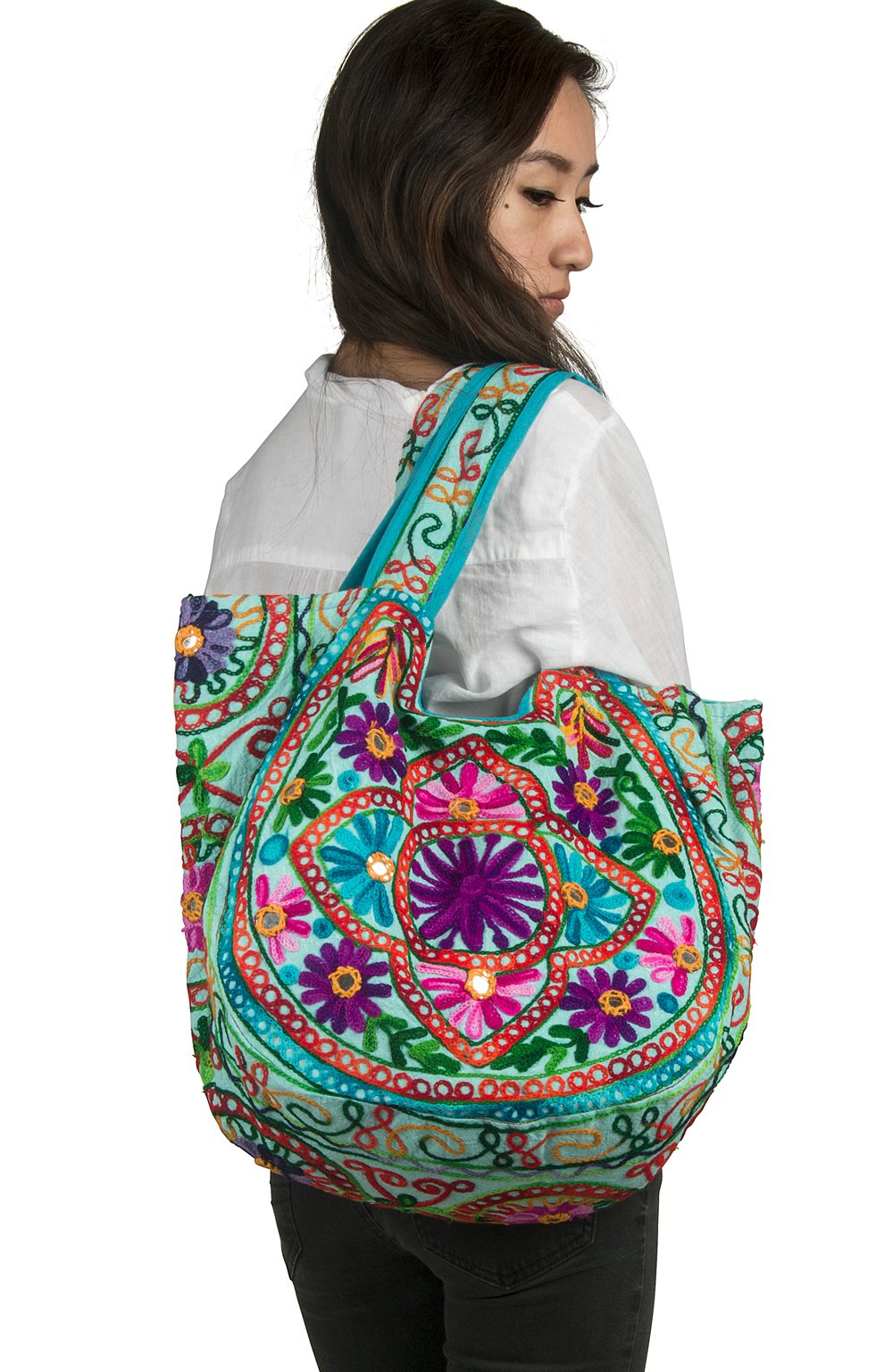 Tribe Azure Blue Floral Shoulder Bag Women Fashion Handbag Tote Casual Spacious Summer Spring Top Handle