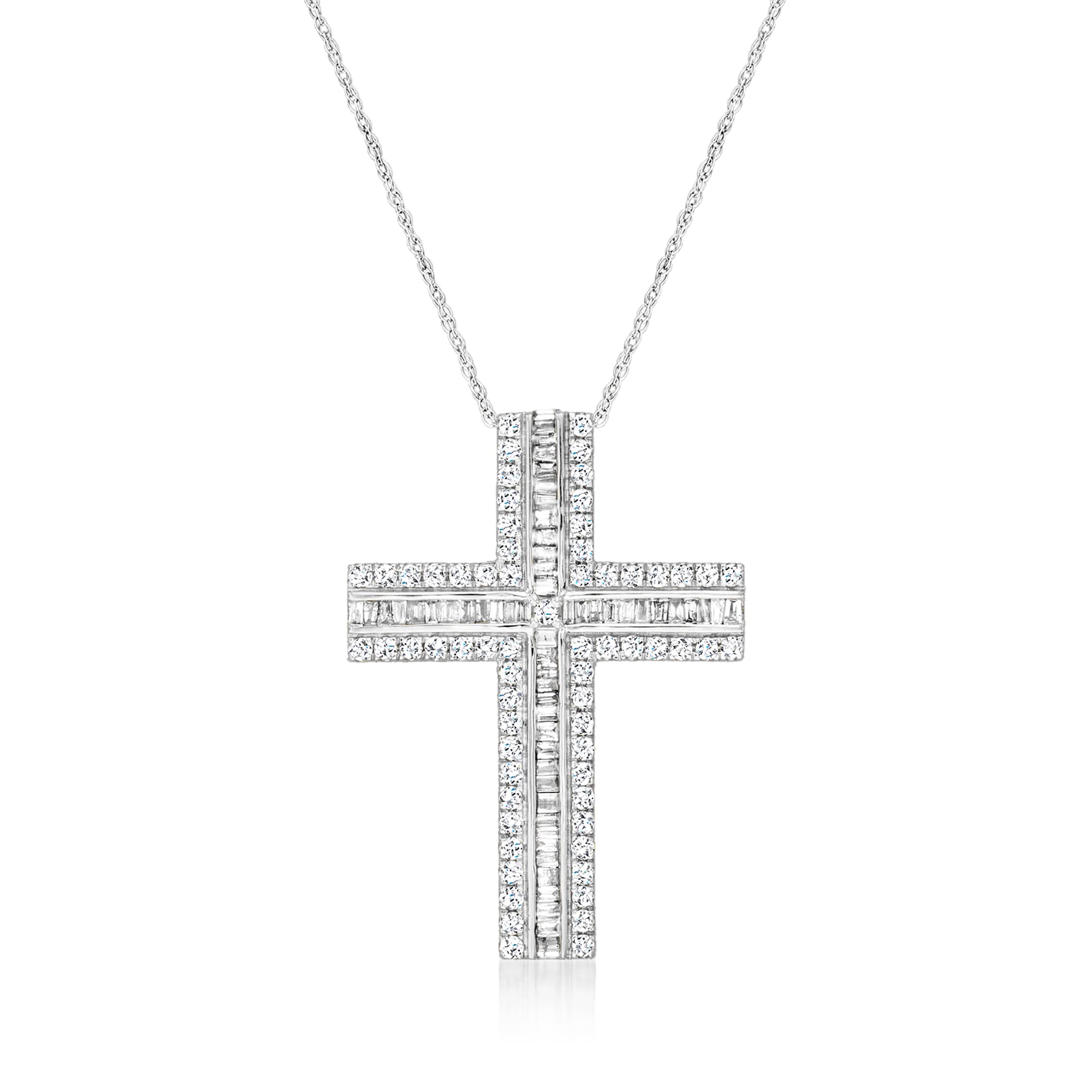 Ross-Simons 1.00 ct. t.w. Baguette and Round Diamond Cross Pendant Necklace in 14kt White Gold. 20 inches