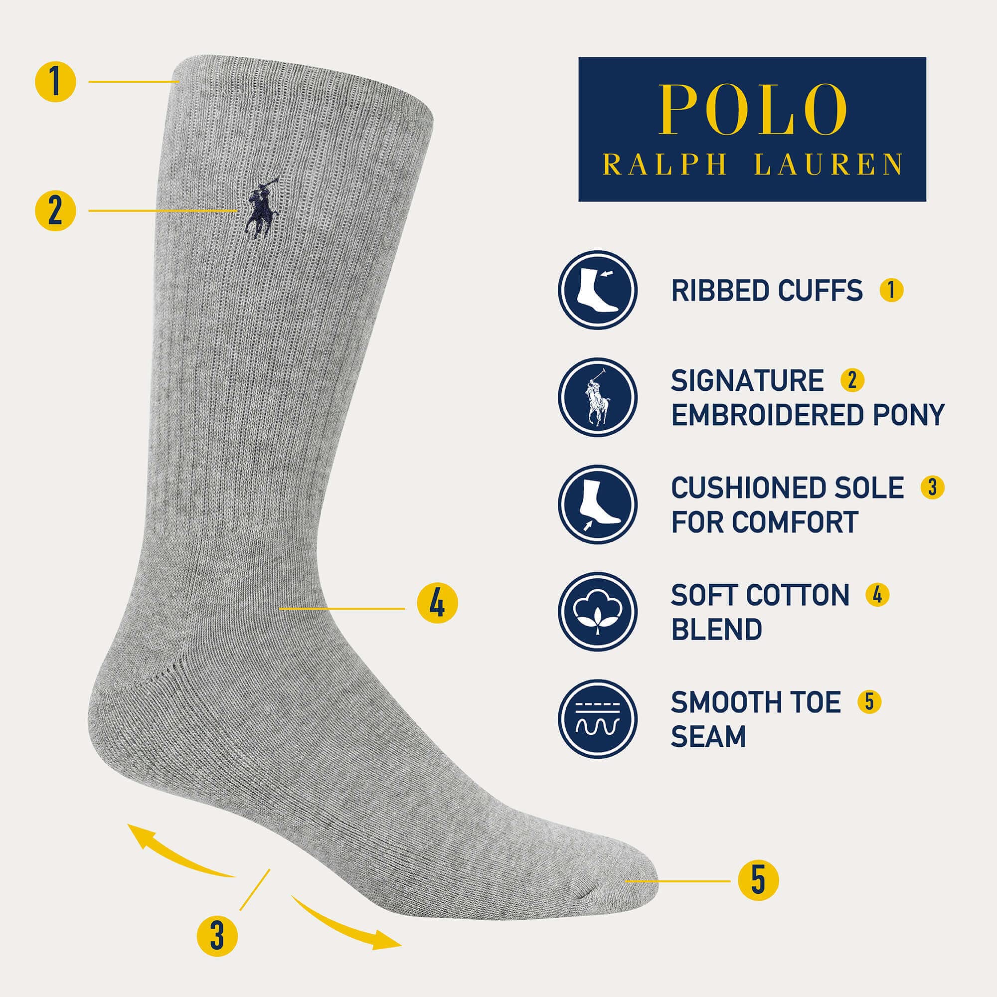 POLO RALPH LAUREN Men's Classic Sport Solid Socks 6 Pair Pack - Cushioned Cotton Comfort, Black, 6-12.5