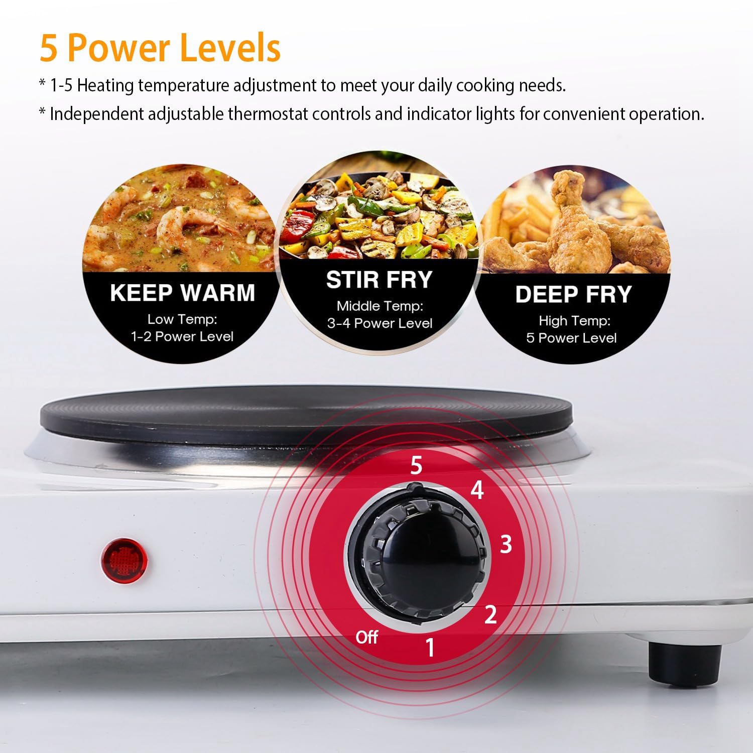 TeqHome Hot Plate, 2000W Portable Electric Stove for Cooking with 5 Levels Adjustable Temperature & Dual Control, Countertop Double Coil Burner Cast Iron Cooktop for All Cookwares RV Home Camp (White)