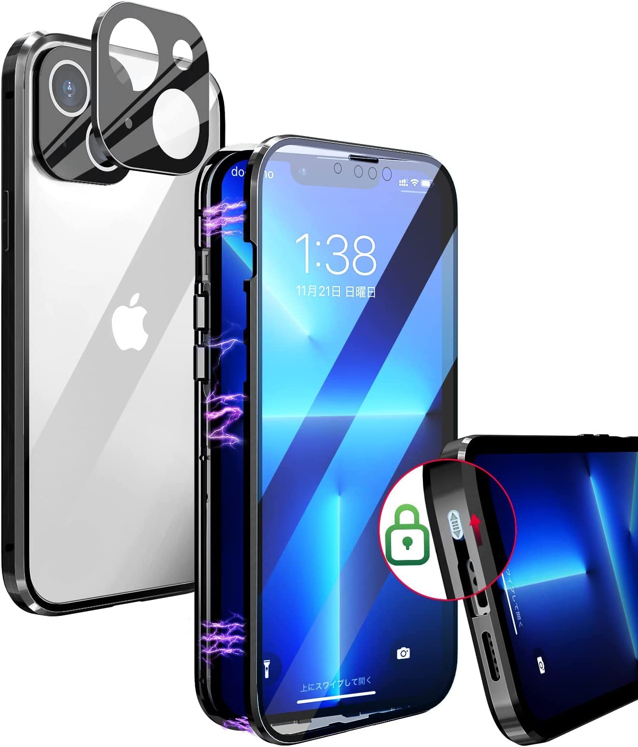 SXLYFD Double Sided BucKle iPhone Case 13 Pro Max, with Camera Cover Clear and Built in Screen Protector, Two Sided Tempered Glass Full Body Protection Metal Bumper Case,BlacK