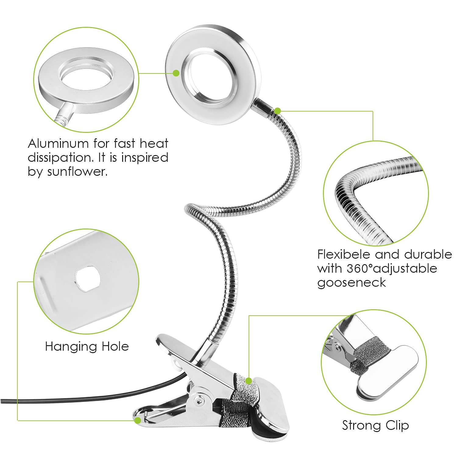 Semlos LED Reading Lights, Desk Lamp USB, Clamp Lamp for Bed Headboard Tables, 3 Lighting Modes 10 Brightness Levels, Clip Gooseneck Lamp, Memory Function, Auto Off(Silver, 8W)