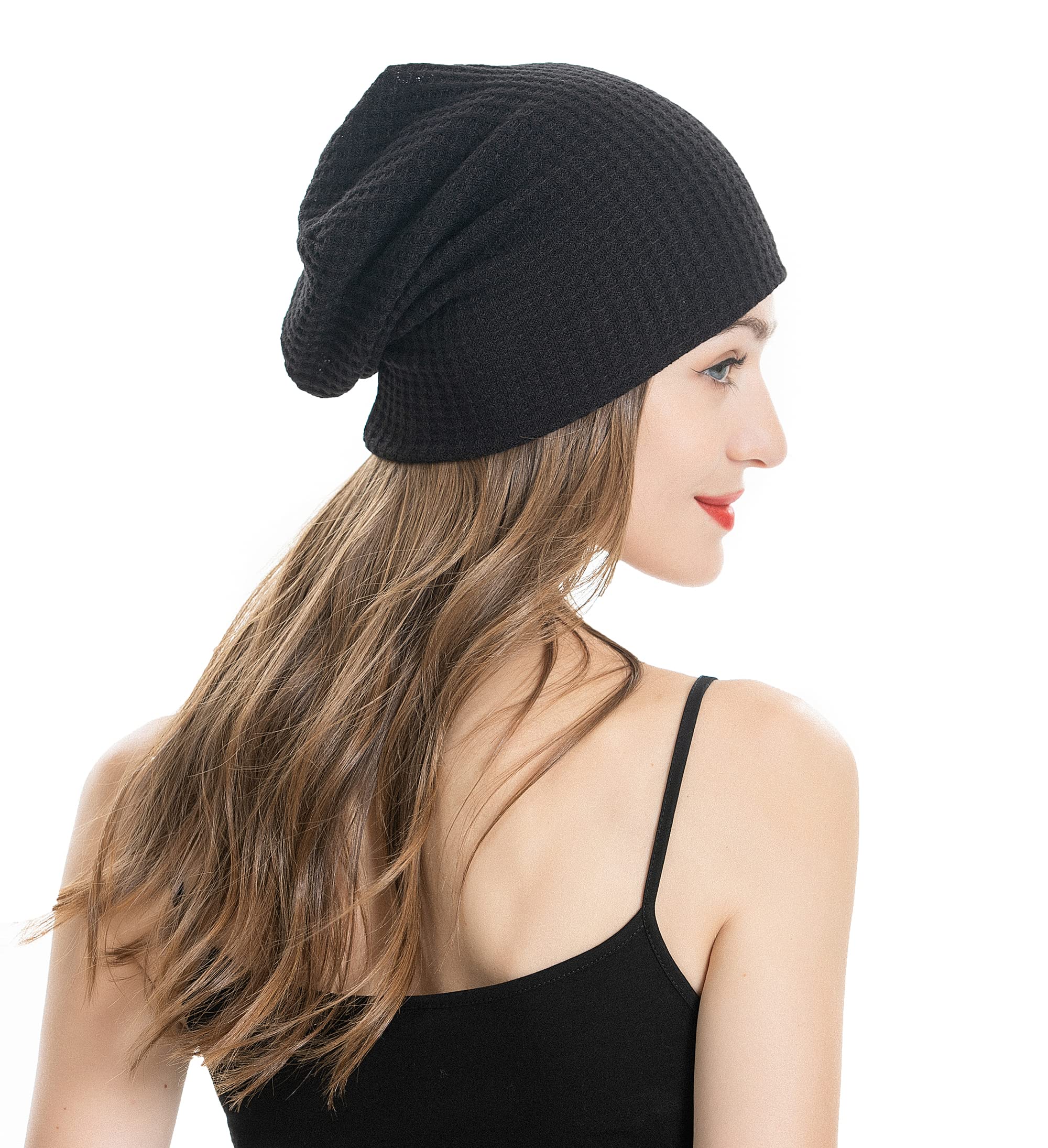 ZLYC Women Fashion Knit Slouchy Beanie Hat Thin Stretch Skull Caps (Solid Black)