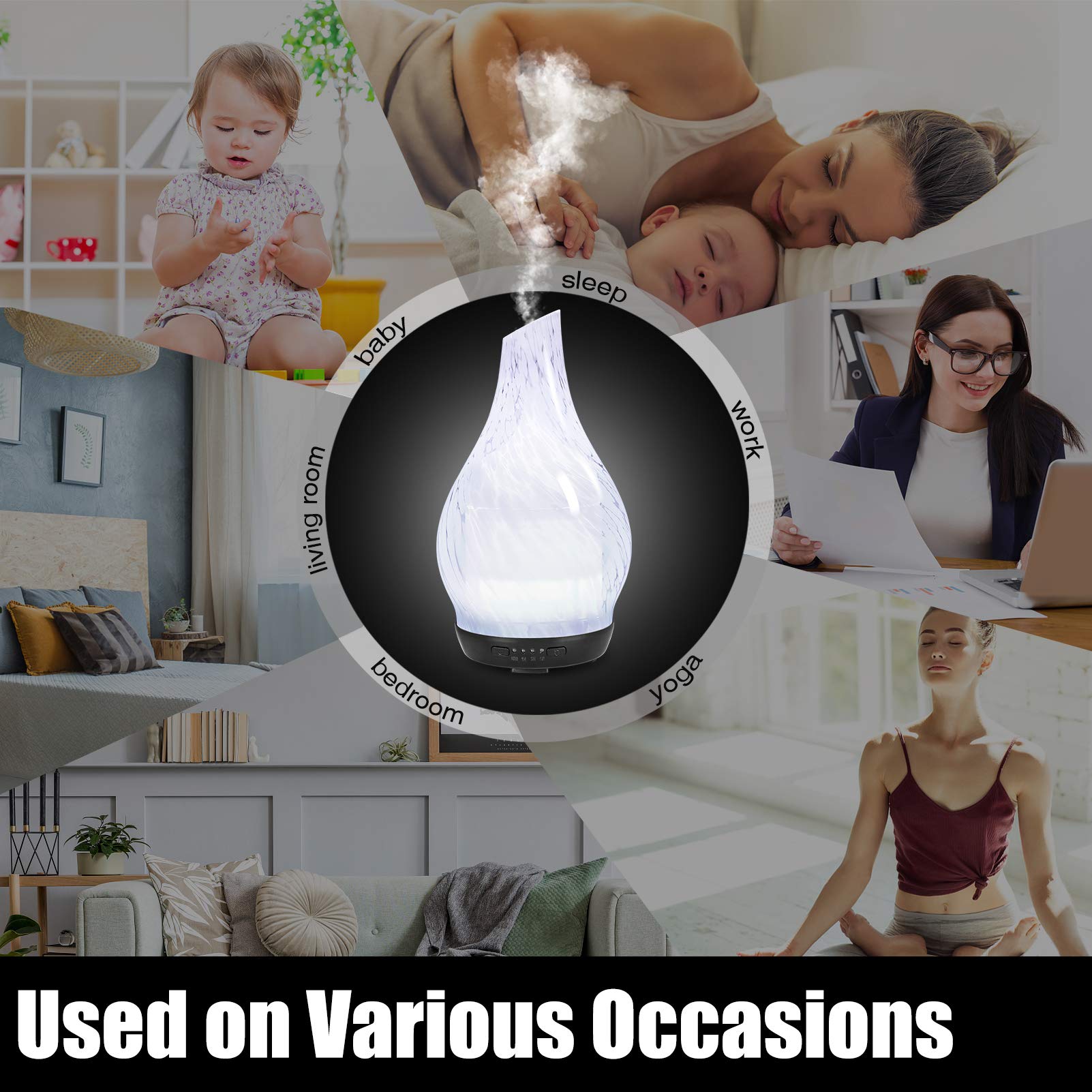 ZEERK Art Glass Essential Oil Diffuser, 250ML Ultrasonic Aroma Diffuser Quiet Cool Mist Humidifier for Home Gift, 7 Color Changing LEDs, Waterless Auto-Off, Timer Setting, BPA Free, White