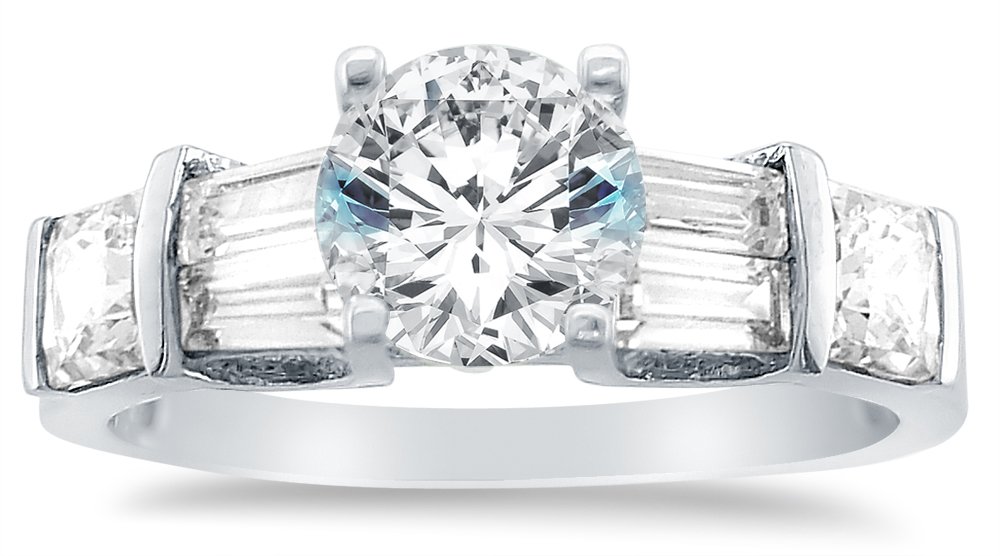 Size 6 - Solid 14k White Gold Round Brilliant Cut Solitaire with Baguette and Princess Cut Side Stones CZ Cubic Zirconia Engagement Ring 1.75ct.