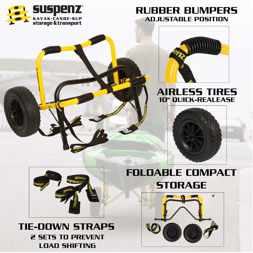 Suspenz Kayak Canoe Trailer Cart, Heavy Duty Kayak Transport Dolly with Airless Wheels, Yellow, 22-6699