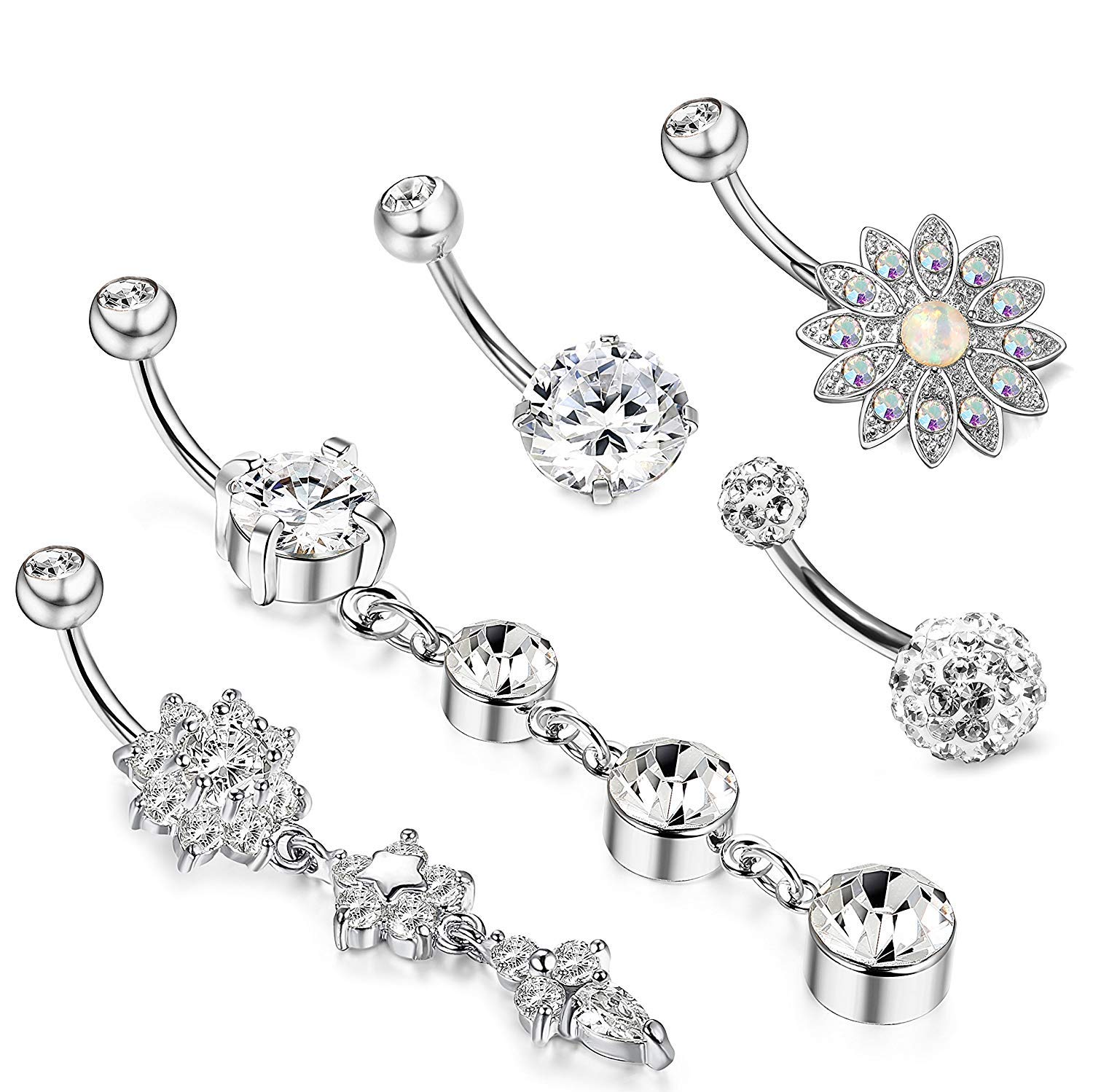 Tinblin 3-10PCS 14G Stainless Steel Belly Button Rings Navel Body Jewelry Belly Piercing CZ Inlaid… (silver)