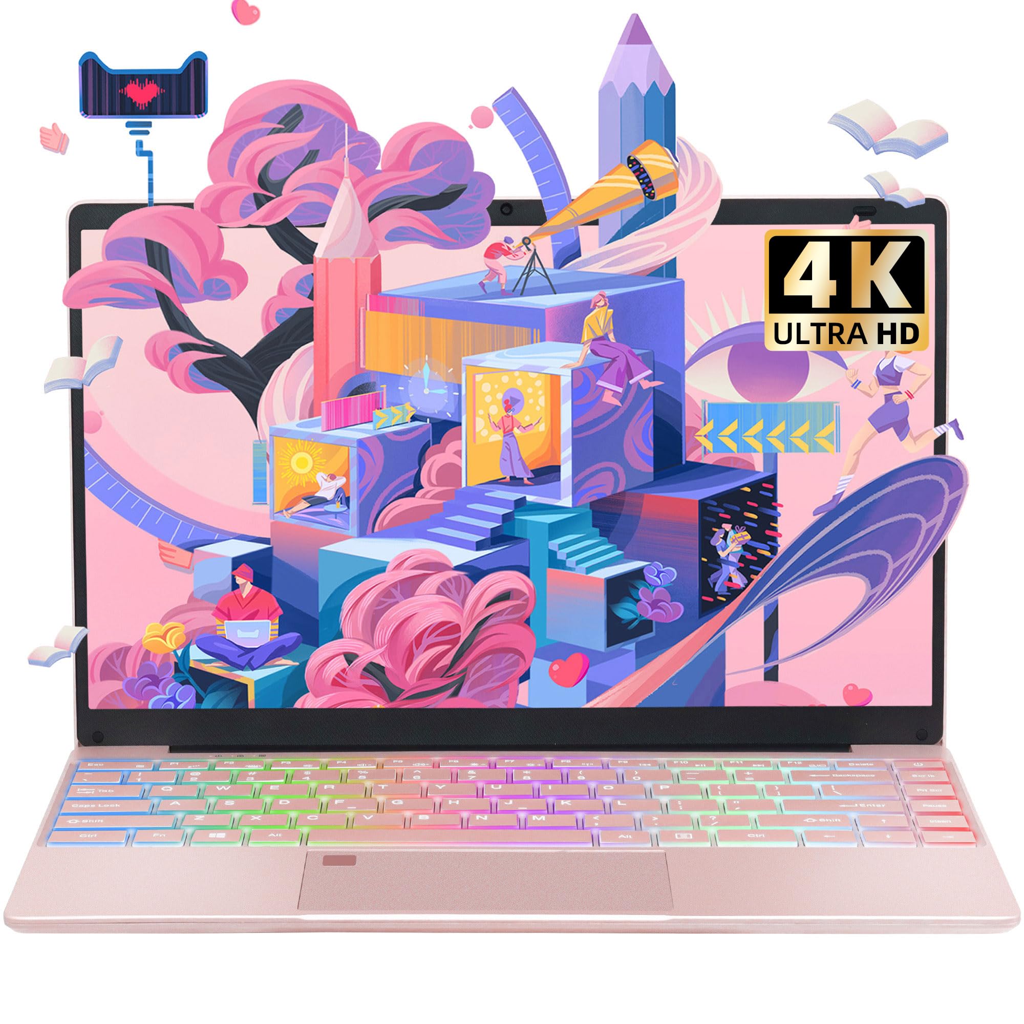 Rumtuk 【Win 11 Pro/Office 2019】4K Laptop 14'' Narrow Bezel UHD (3840x2160) IPS Display,Celeron N5095 CPU,16GB RAM,256GB SSD,Color Backlit KB,Fingerprint Reader,WIFI,Bluetooth,HDMI,Rose Gold(16G+256G)
