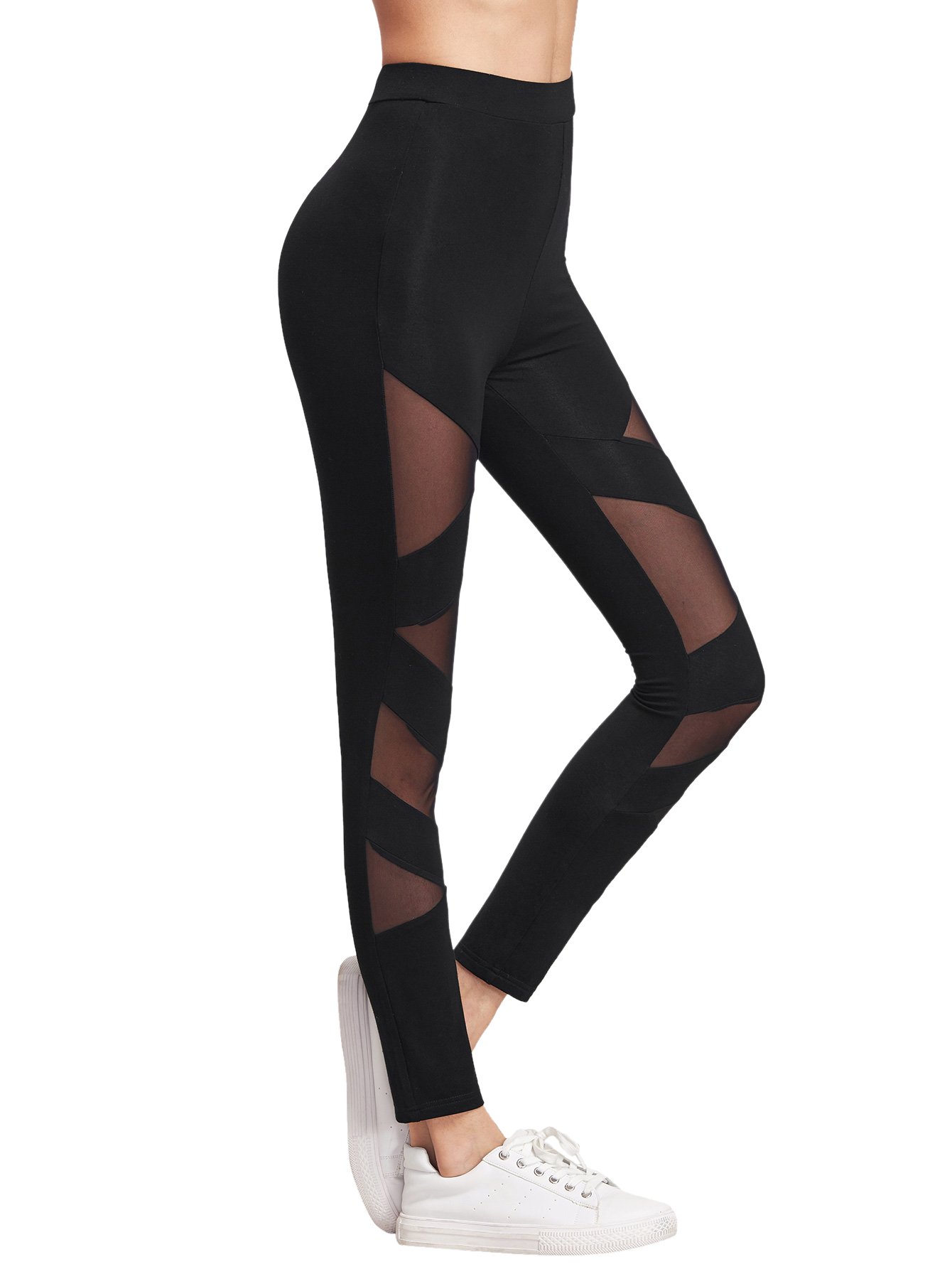 SweatyRocks Women's Mesh Panel Side High Waist Leggings Skinny Workout Yoga Pants #1black M