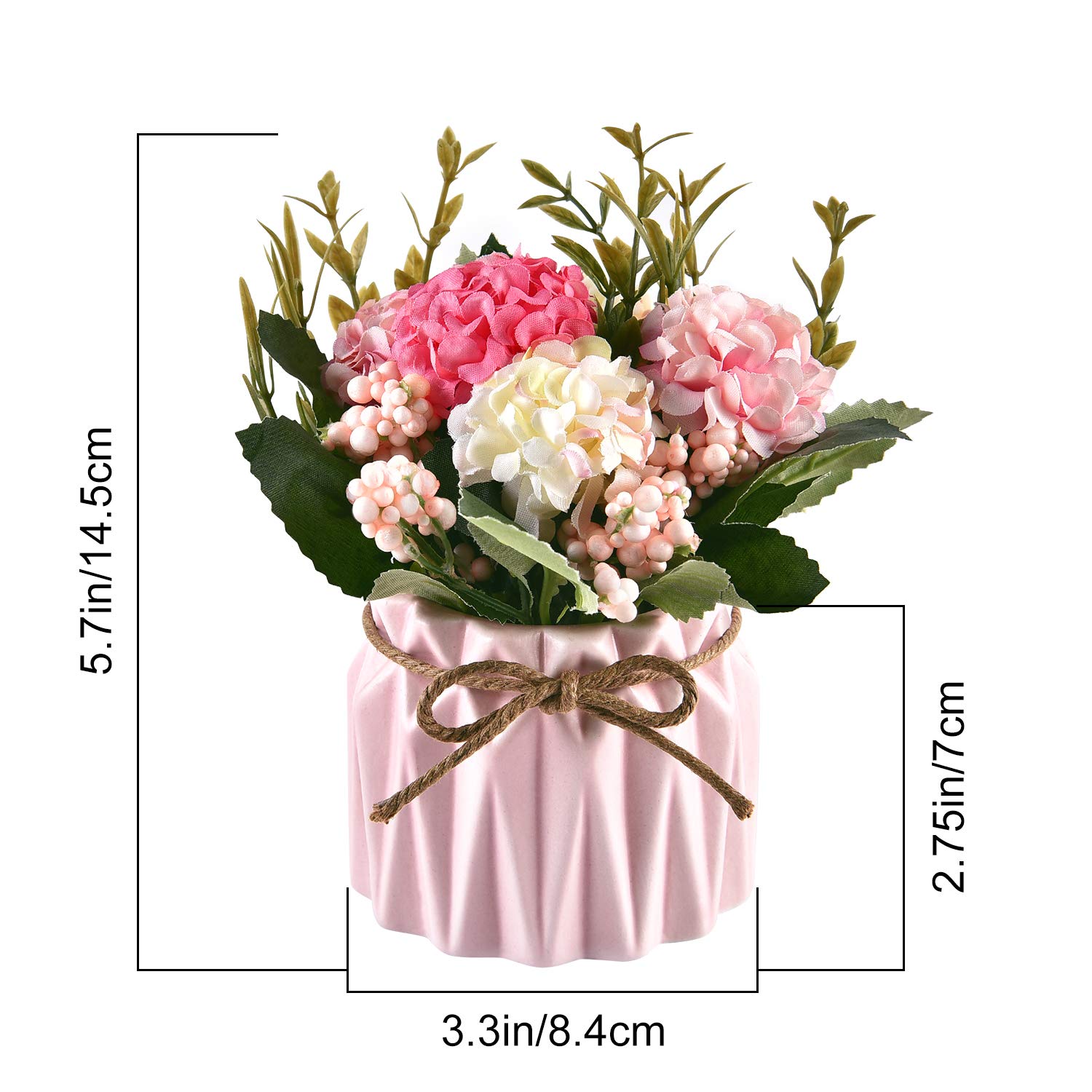 Sunm Boutique Artificial Hydrangea Bouquet with Small Ceramic Vase, Artificial Hydrangea Flower Potted Fake Variety Silk Flower Bonsai for Table Party Office Wedding Home Decor, Pink