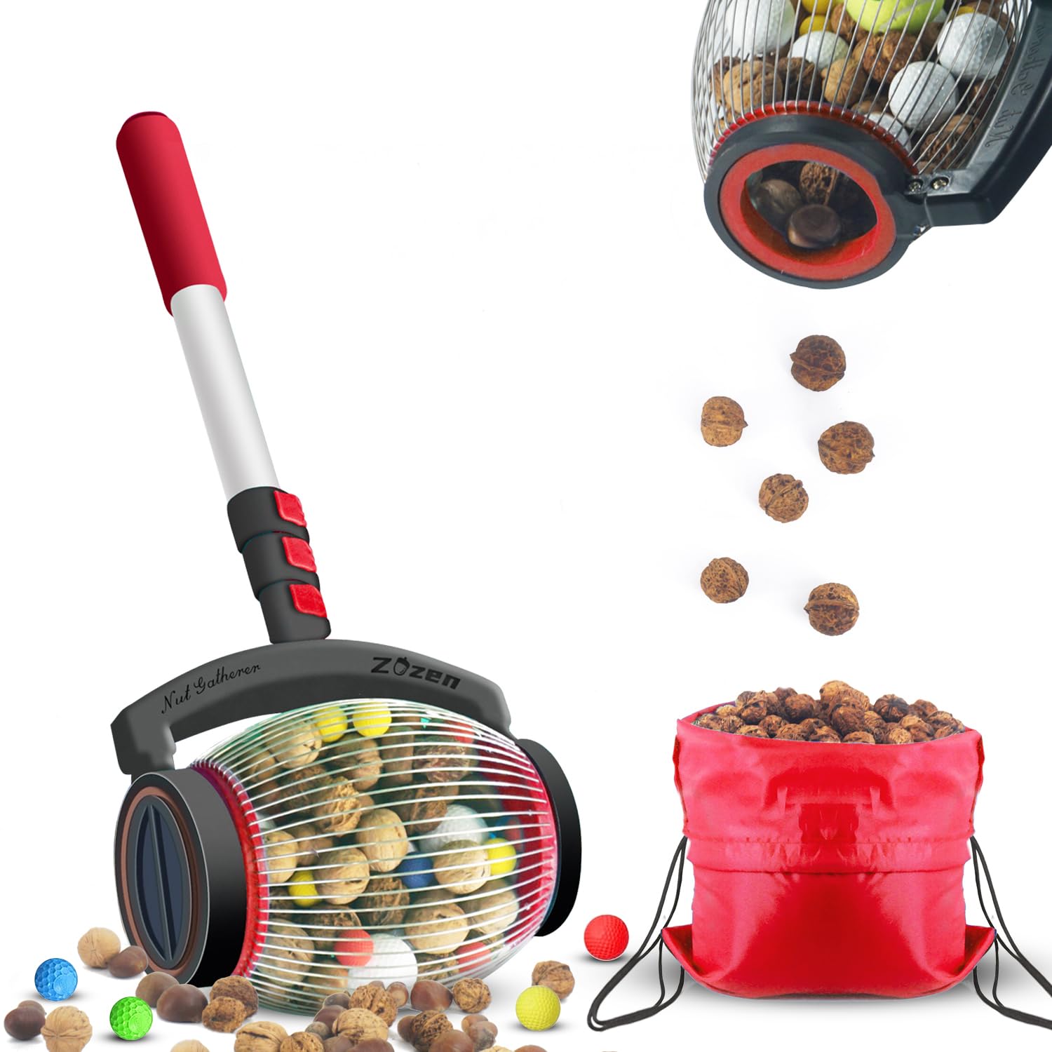Zozen Nut Gatherer, Walnut Picker Upper Roller, Pinecone Picker Upper - Side Opening Dump | Apply to Walnut, Pecan, Hickory, Chestnuts, Buckeyes, Golf, Crab Apple Objects Size 1'' to 2.5''; 1.5 Gallon