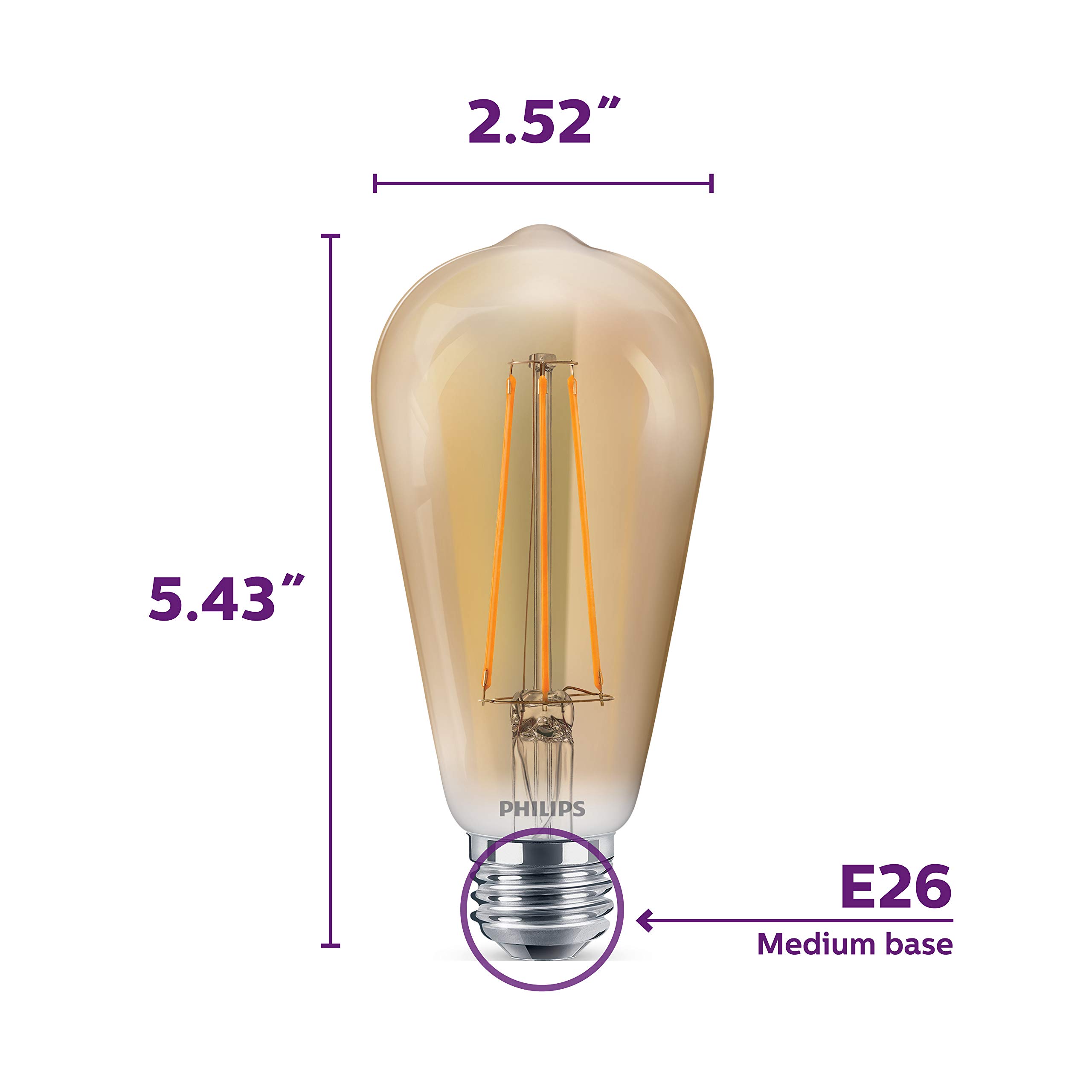 Philips 537571 LED Dimmable ST19 Vintage Bulb, 350 lm., 2000-Kelvin, 5 (40W Equivalent), E26 Medium Screw Base, Amber Light, 4 Pack, Title 20 Compliant, 4 Piece, White (Pack of 4)