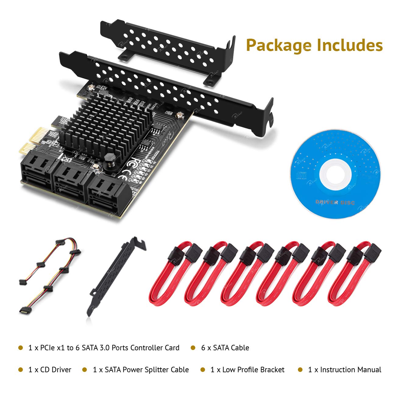Rivo SATA III PCIe Card, 6 Sata Ports with 6 SATA Data Cables a SATA Powe Splitter Cable, 6 Gb/s SATA Controller PCIe Expression Card with Low Profile Bracket,Support 6 SATA 3.0 Hard Drives ​