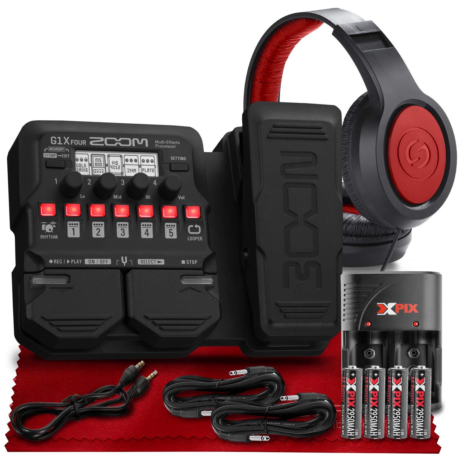 Zoom G1X Four Guitar Effects Processor w/Built-In Expression Pedal + SR360 Over-Ear Dynamic Stereo Headphones, Xpix Rechargeable AA Batteries with Quick Travel Charger and Cable Accessories