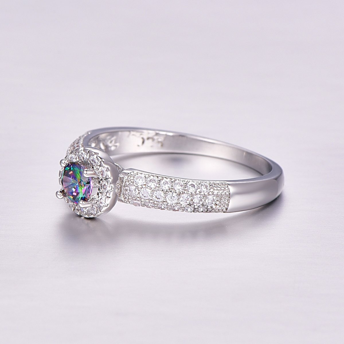 Veunora 925 Sterling Silver Created 4x4mm Rainbow Topaz Filled Bling Halo Engagement Wedding Ring for Women Size 8