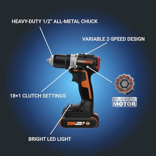 Worx Nitro 20V Cordless 1/2" Drill Driver with Brushless Motor, Compact & Lightweight Drill Set Only 6" and 3 lbs., Cordless Drill Power Share Compatible WX130L β Batteries & Charger Included