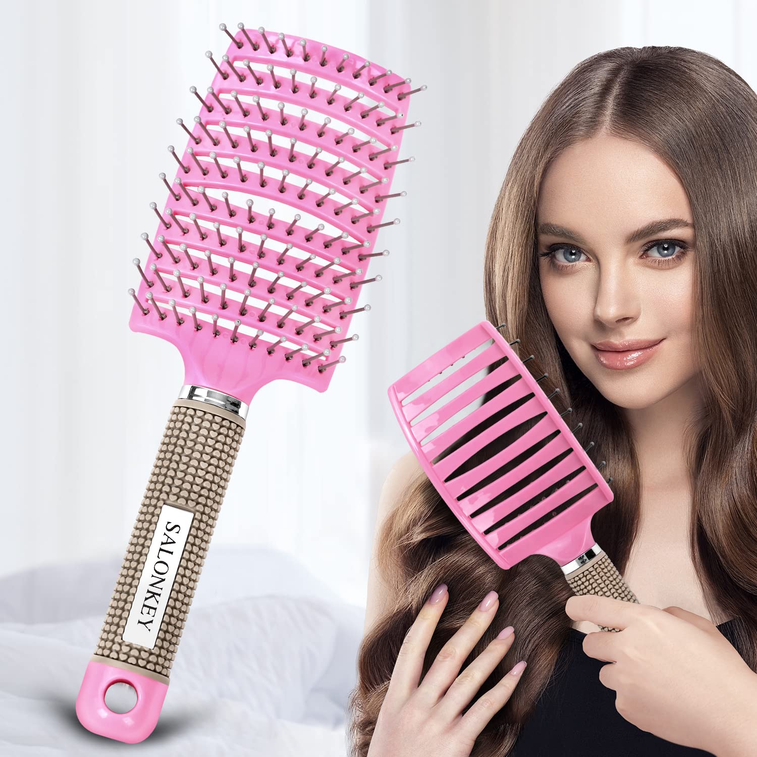 Professional Curved Vented Styling Hair Brush Barber Hairdressing Styling Tools Fast Drying Hair Detangling Massage Brushes (Pink)