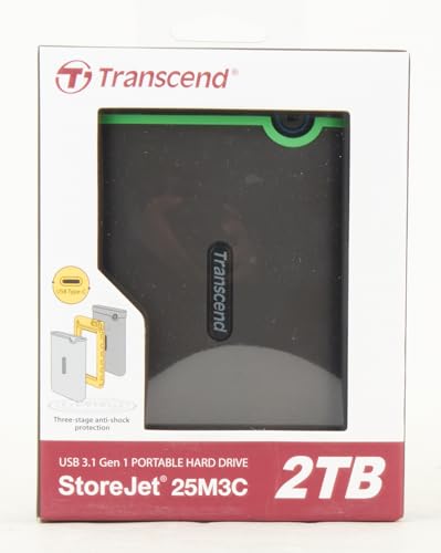 Transcend 2TB StoreJet 25M3C USB Type-C Portable Hard Drive (HDD) Rugged, Anti-shock resistant, Compact and Lightweight with Lightning-fast Speeds and a One Touch Backup Button (Iron Grey) TS2TSJ25M3C