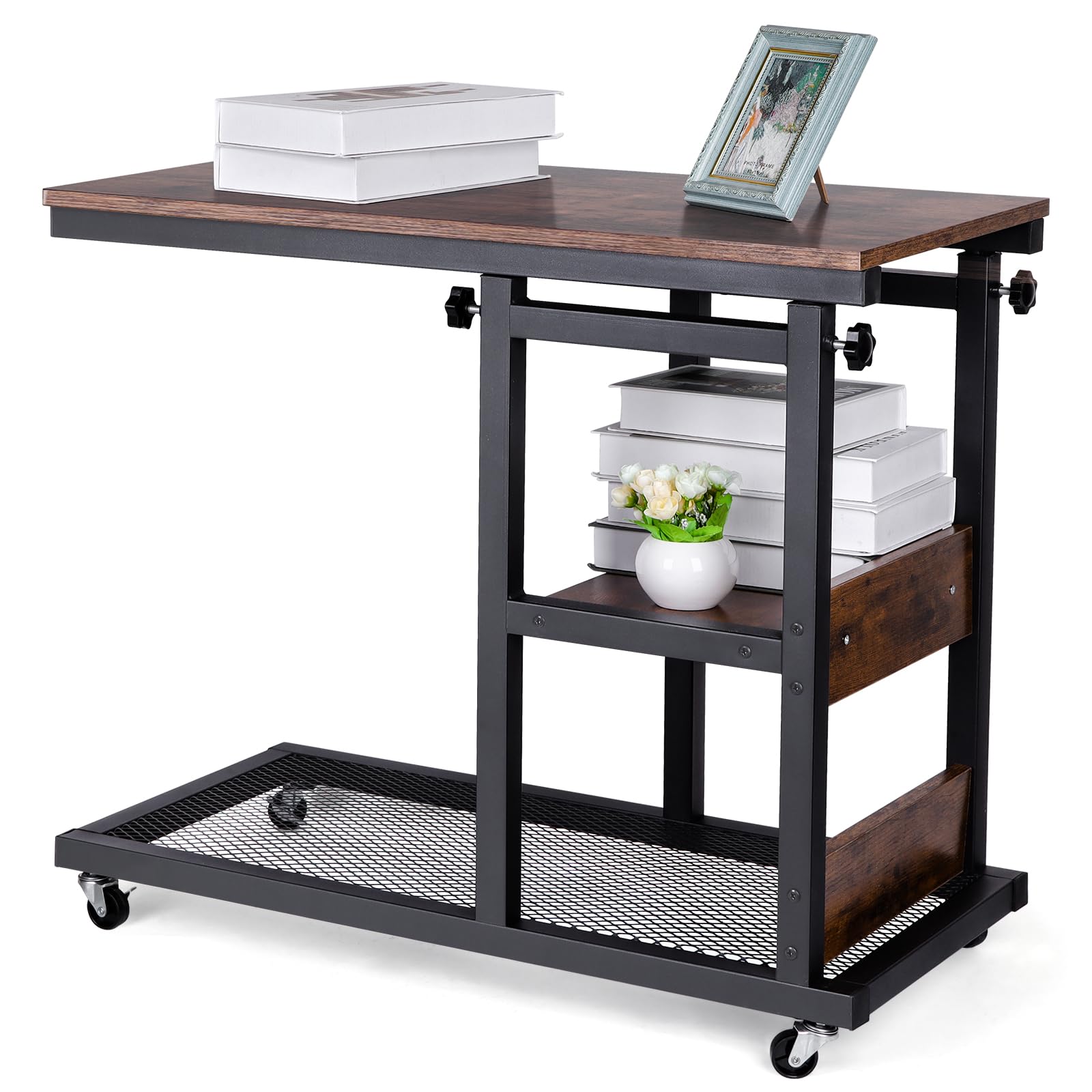 RUNTOP Height Adjustable Side Table, C Table with Wheels, Mobile Couch Snack Side Table, Sofa Bedside Laptop Stand C Shaped End Table TV Tray with Storage Shelves for Bed, Living Room, Bedroom, Brown
