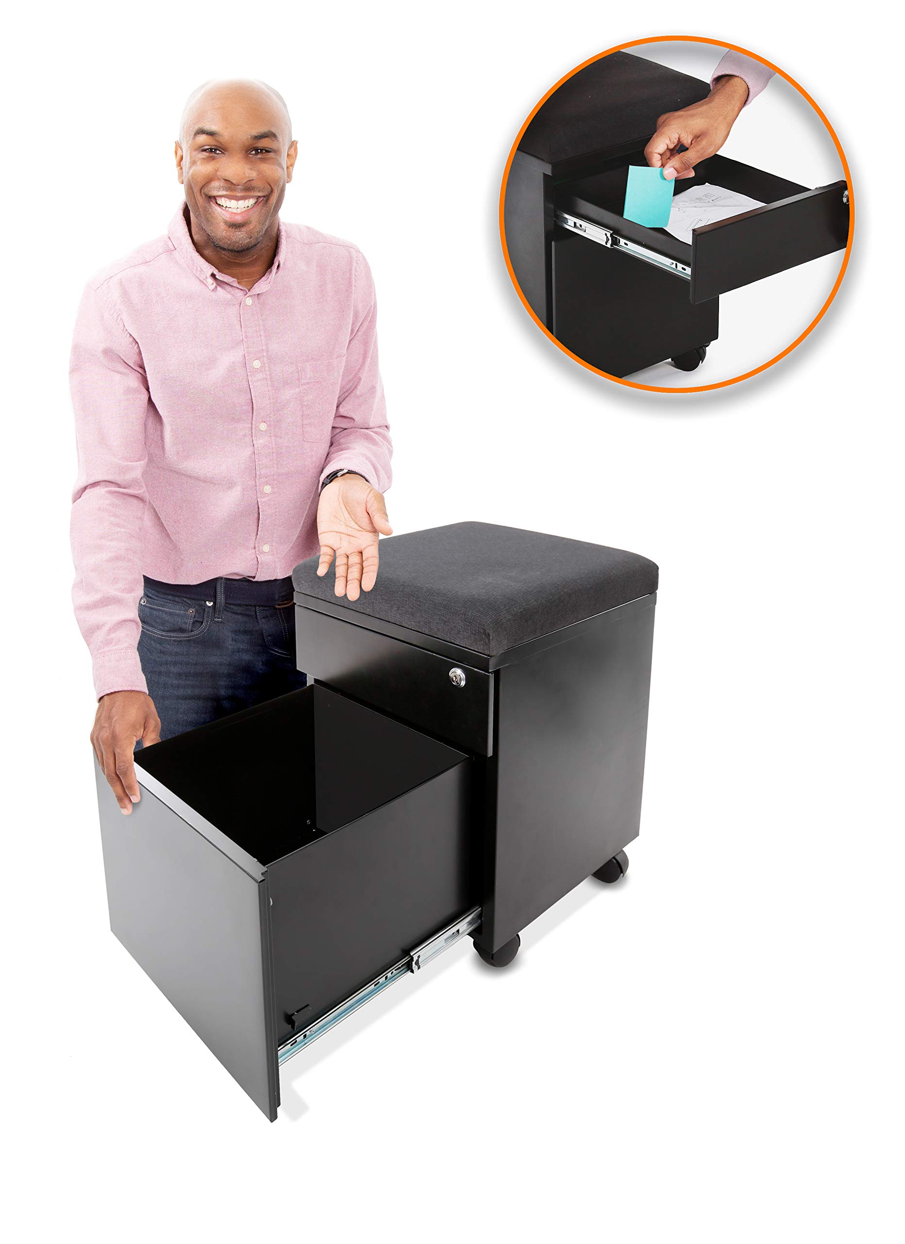 Stand Steady Vert | Rolling File Cabinet | 2 Drawer Mobile File Cabinet with Locking Storage | Small Filing Cabinet with Cushion Top for an Extra Place to Sit | Perfect for Home & Office! (White)