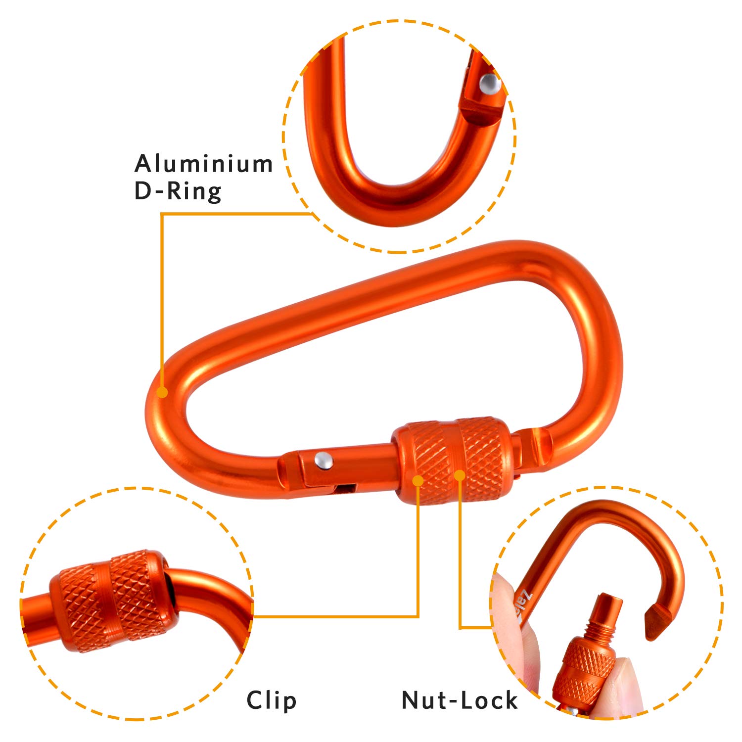 Zalava 2" 10 pcs D-Clip Durable Locking Carabiner Clips Keychain Clip, Spring-Loaded Aluminum Keychain Clip Hook, Screwgate Locking Carabiner Clip Outdoor, Indoor, or Dog Leash Round