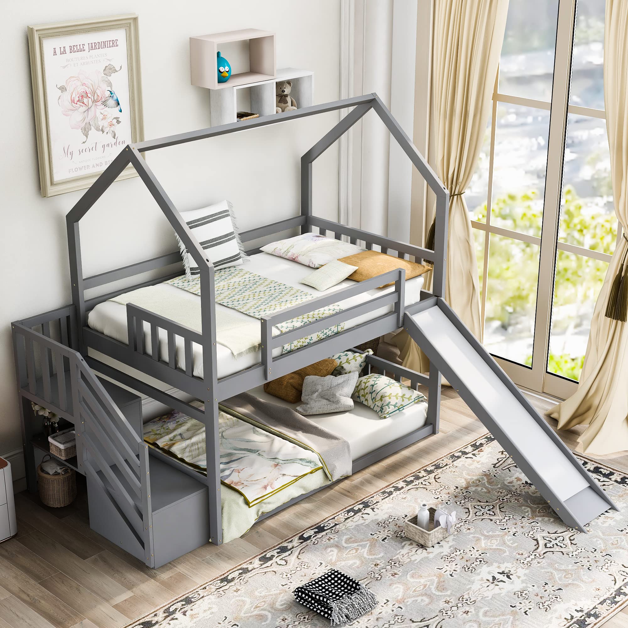 RUNWON Twin over Twin House Bunk Bed with Convertible Slide,Storage Staircase and Open Sehlves for Kids Teens Bedroom