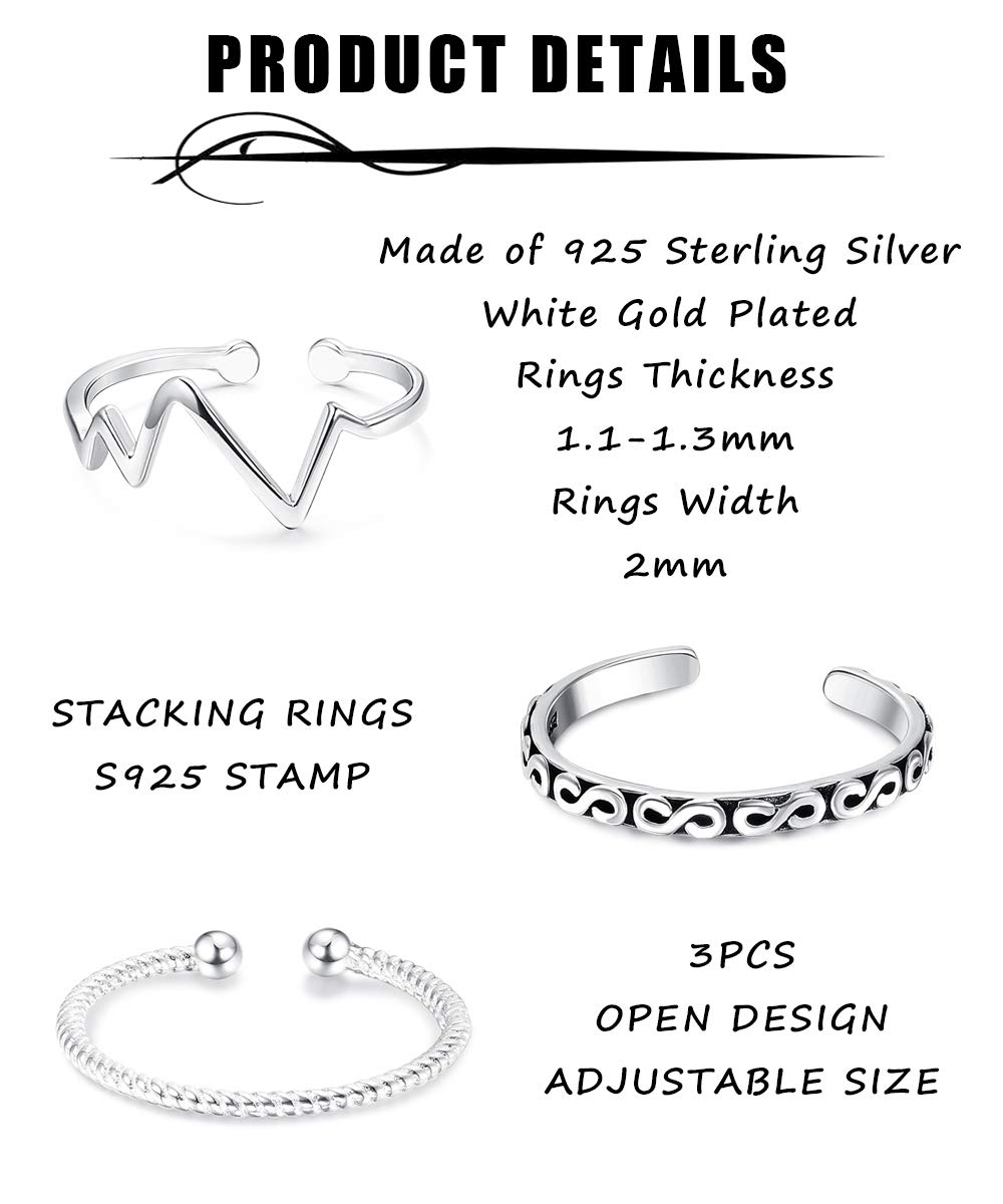 Sllaiss 3PCS 925 Sterling Silver Multi Minimalist Knuckle Rings For Women Heartbeat EKG Rings Infinity Adjustable Stackable Midi Rings Set Pinky Finger