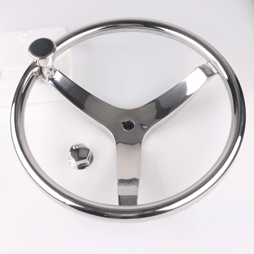 Stainless Steel Boat Steering Wheel 3 Spoke 13-1/2" Dia, with 5/8" -18 Nut and Turning Knob for Seastar and Verado