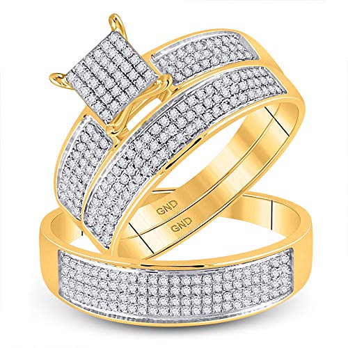 Solid 10k Yellow Gold His and Hers Round Diamond Cluster Matching Couple Three Rings Bridal Engagement Ring Wedding Bands Set 1/2 Ct. - (L = 5, M = 11)