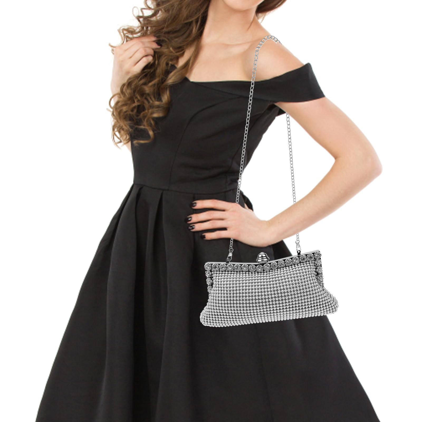 SelfTek Silver Clutch Purses Evening Bag for Women, Sparkly Rhinestone Purses Crystal Bag with Short & Long Chain for Women Wedding Prom Party