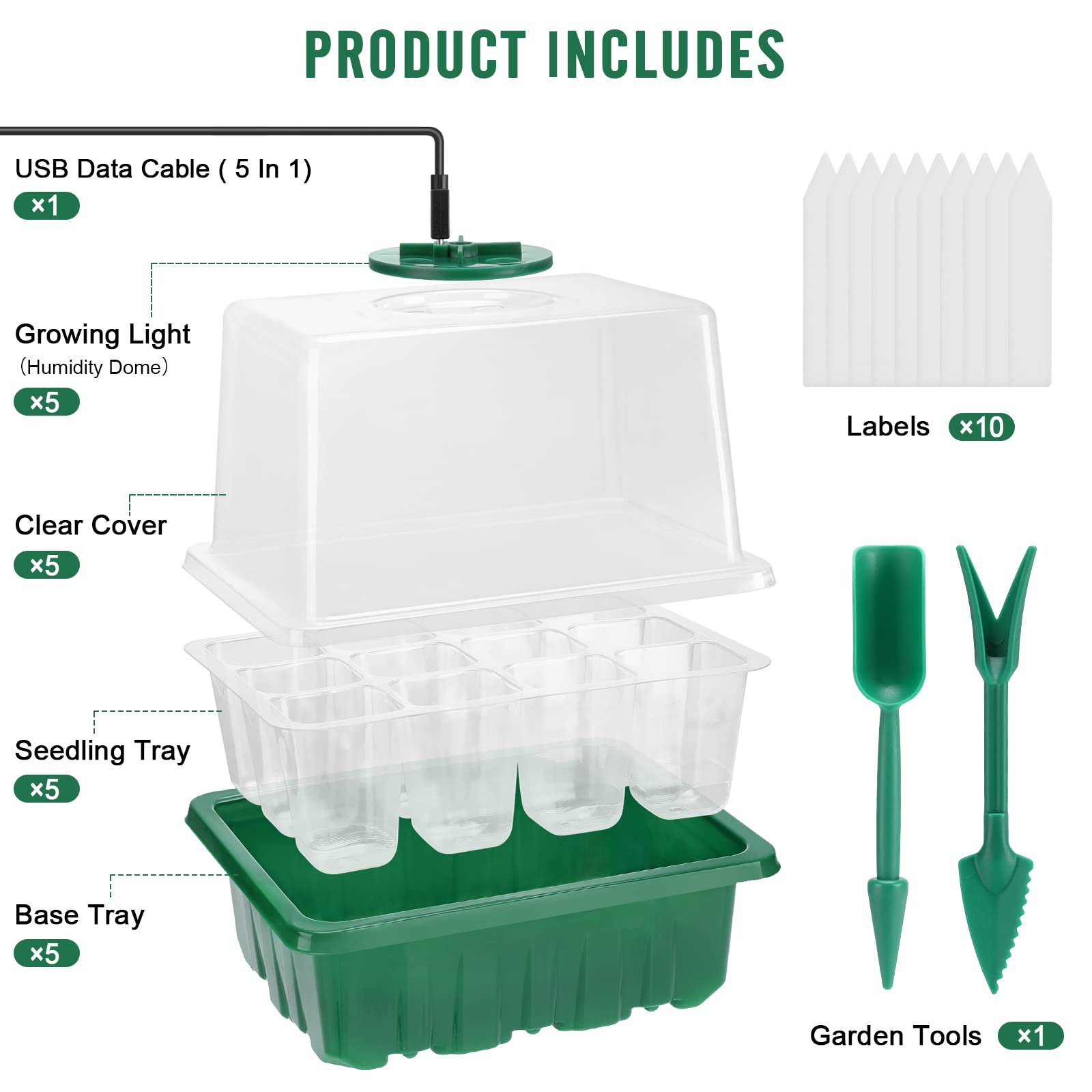 Seed Starter Tray with Grow Light丨5 Pcs Seed Starter Kit (12 Cells Per Tray) with 78in Timing Controller Adjustable Brightness and Humidity丨Indoor Gardening Plant Trays for Flowers, Vegetables, Fruits
