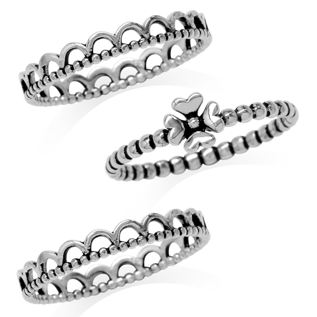 Silvershake 3 Pieces Set 925 Sterling Silver Bead Ball Four Leaf Clover Eternity Band Stack Stackable Ring Size 6