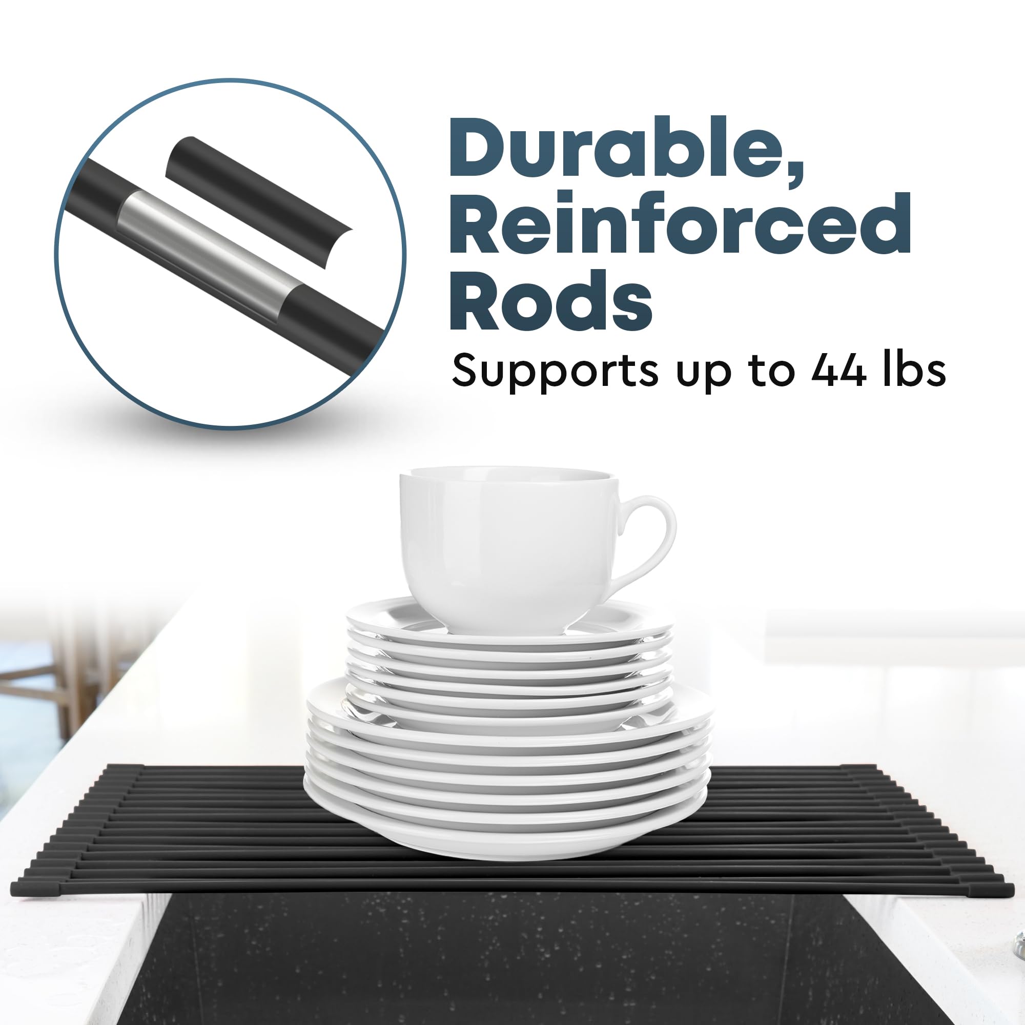 Zulay 20.5" x 13" Roll Up Drying Rack - Silicone-Coated Stainless Steel Over Sink Dish Drying Rack - Multipurpose Foldable Sink Rack for Kitchen Counter - Non-Slip, Heavy-Duty Drying Rack (Black)