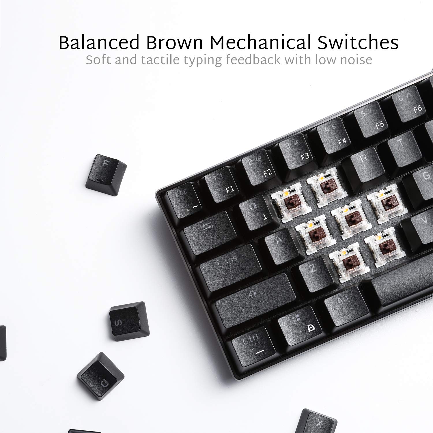 RK ROYAL KLUDGE RK61 Wireless 60% Mechanical Gaming Keyboard, Ultra-Compact Bluetooth Mechanical Keyboard with 10 Hours Battery Life and Tactile Brown Switches, Compatible for Multi-Device Connection