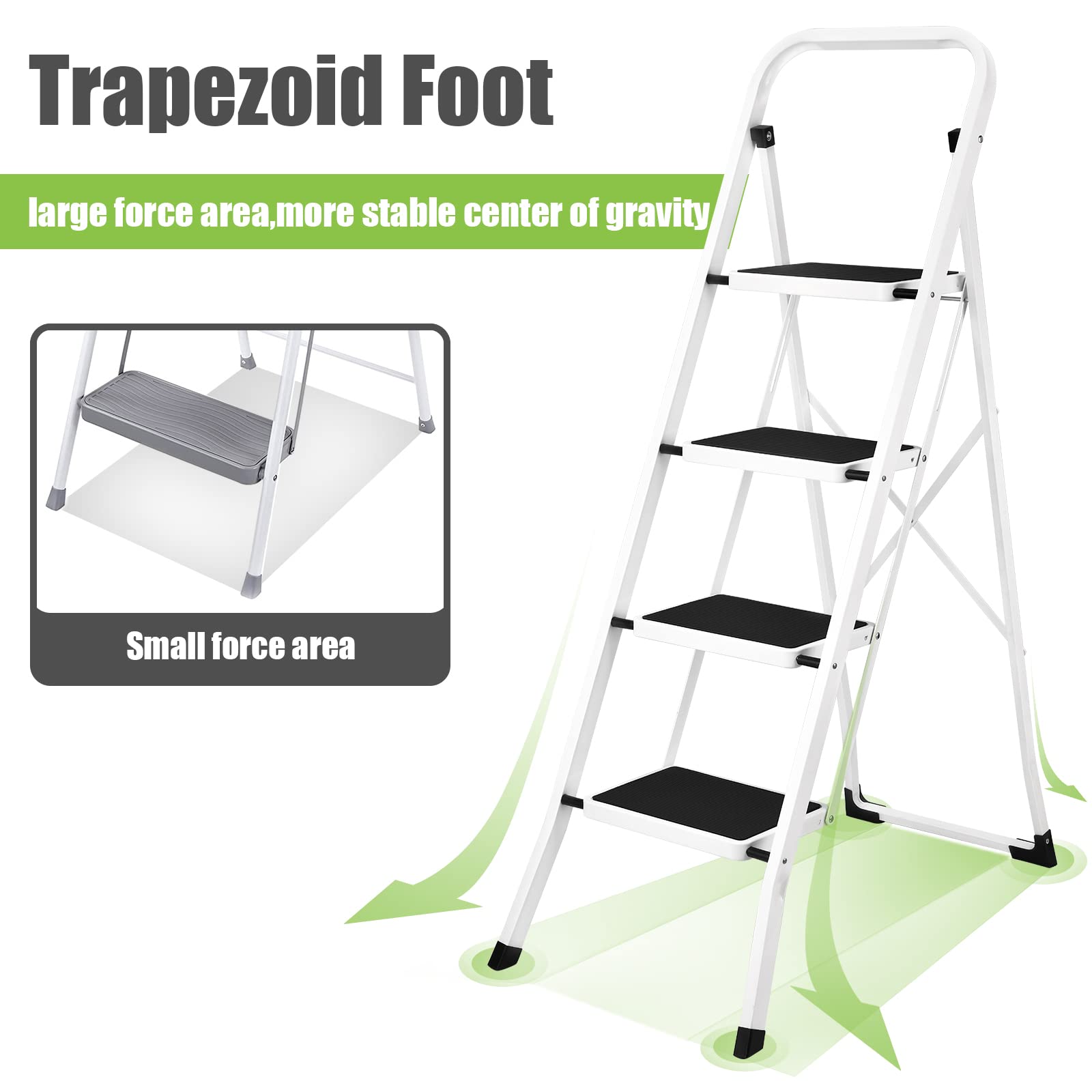 Soctone Step Ladder 4 Step Folding with Anti-Slip Pedal, Lightweight 4 Step Ladder with Handrails, 330 lbs Capacity Perfect for Kitchen & Household, White