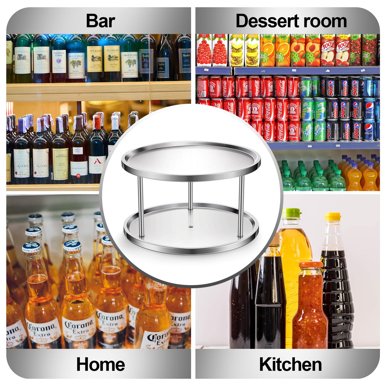 Zubebe 4 Pcs Stainless Steel Lazy Susan 2 Tier Rotating Spice Rack Lazy Susan Spice Rack Organizer for Cabinet 360 Degree Spice Rack Turntable Tray Kitchen Counter Cabinet Pantry Storage, 10.5 in
