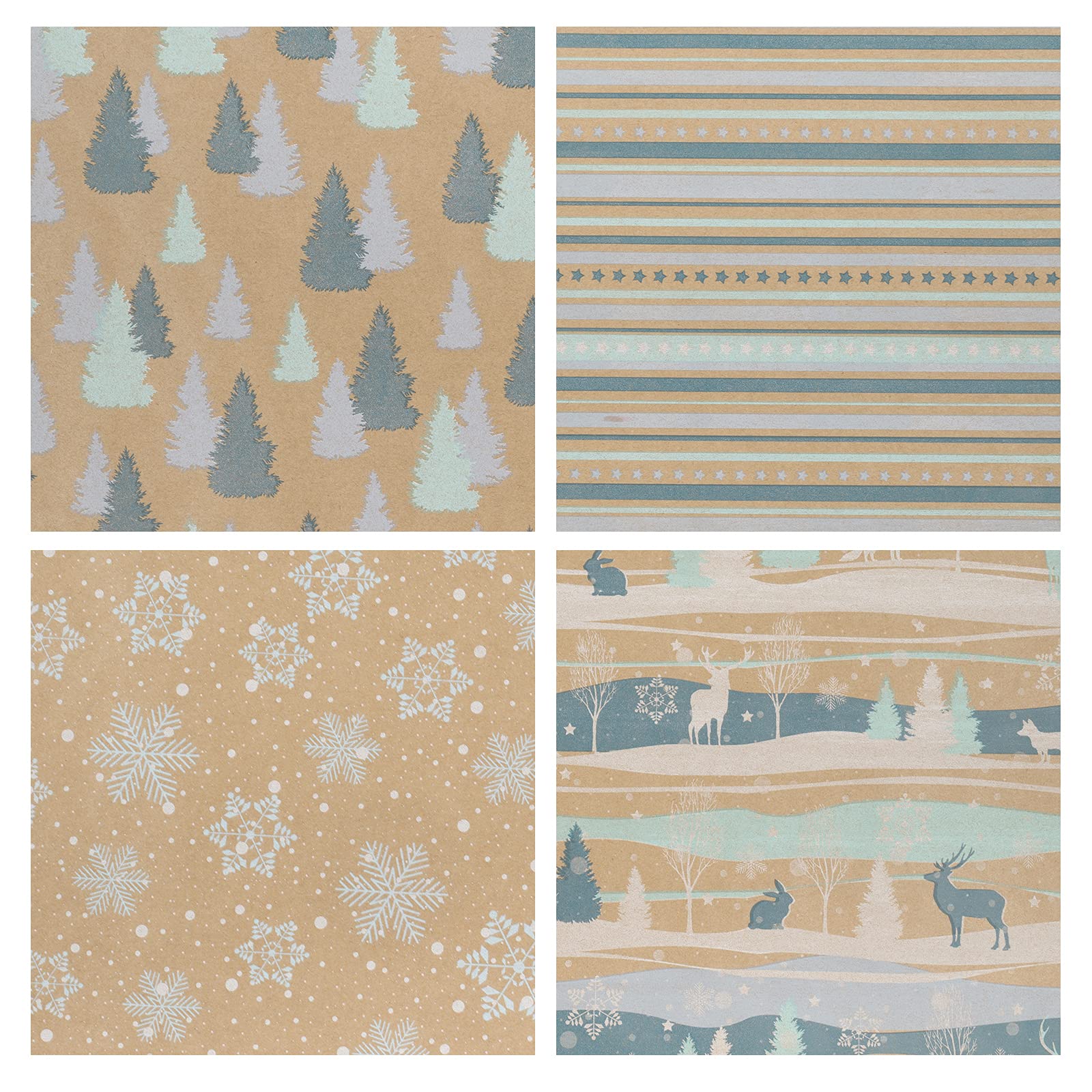 RUSPEPA Christmas Wrapping Paper, Kraft Paper - Reindeer, Stripe and Snowflakes in Blue Design - 4 Rolls - 30 inches x 10 feet per Roll