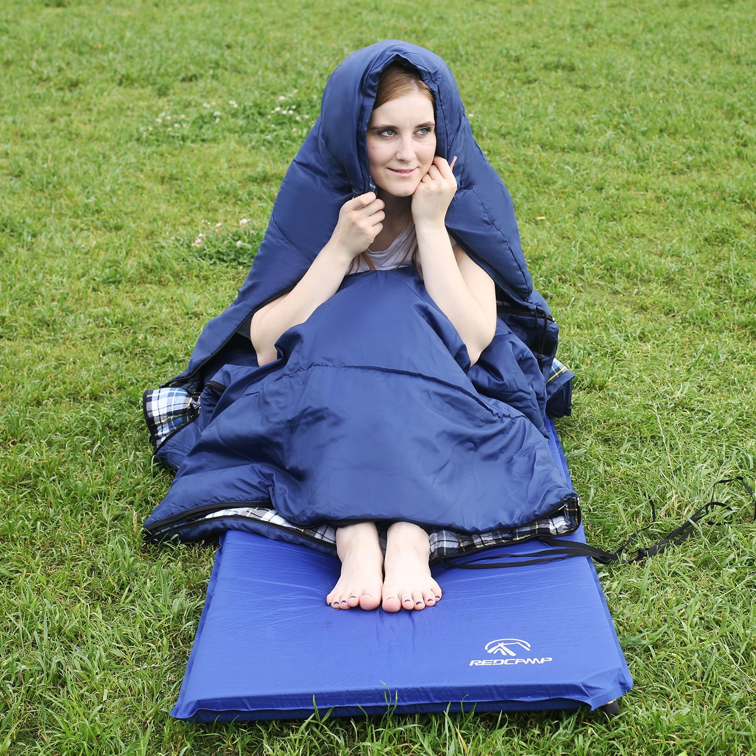 REDCAMP Cotton Flannel Sleeping Bag for Adults, XL 32/41/50F Comfortable, Envelope with Compression Sack Blue 3lbs (91"x35")