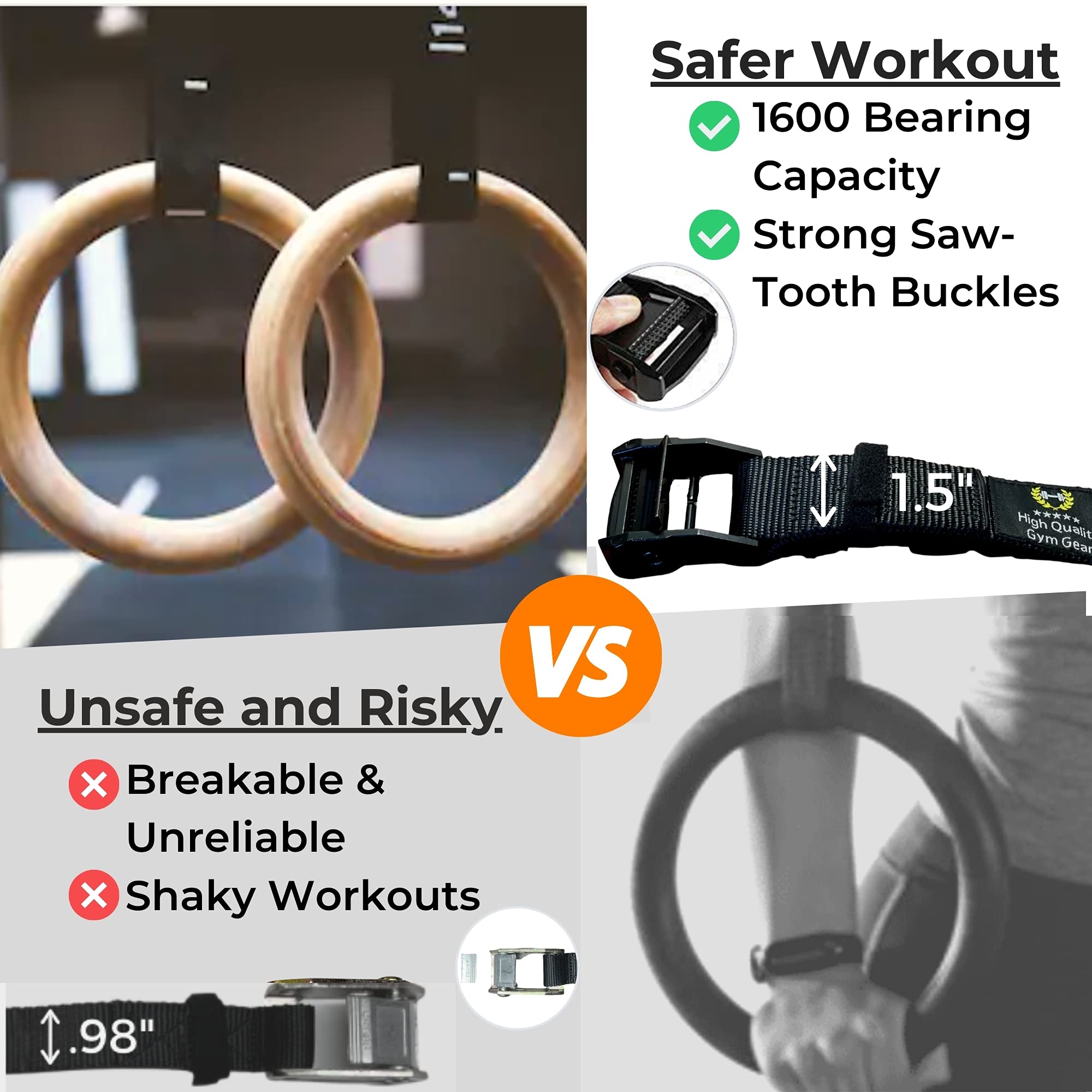 Wooden Gymnastic Rings with Adjustable Straps - 1.25” Non-Slip Olympic Rings 1600lbs - 15ft Long Numbered Straps - Quick Install Cam Buckle - For Pull Ups Cross-Training and Home Gym Full Body Workout