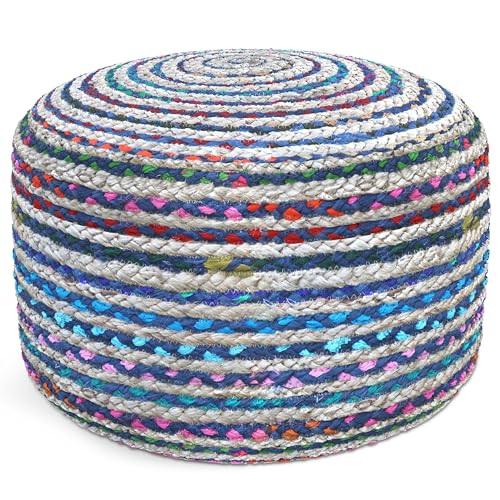 SIMPLIHOME Margo 20 Inch Wide Boho Round Pouf in Blue Braided Jute, for The Living Room, Bedroom and Kids Room