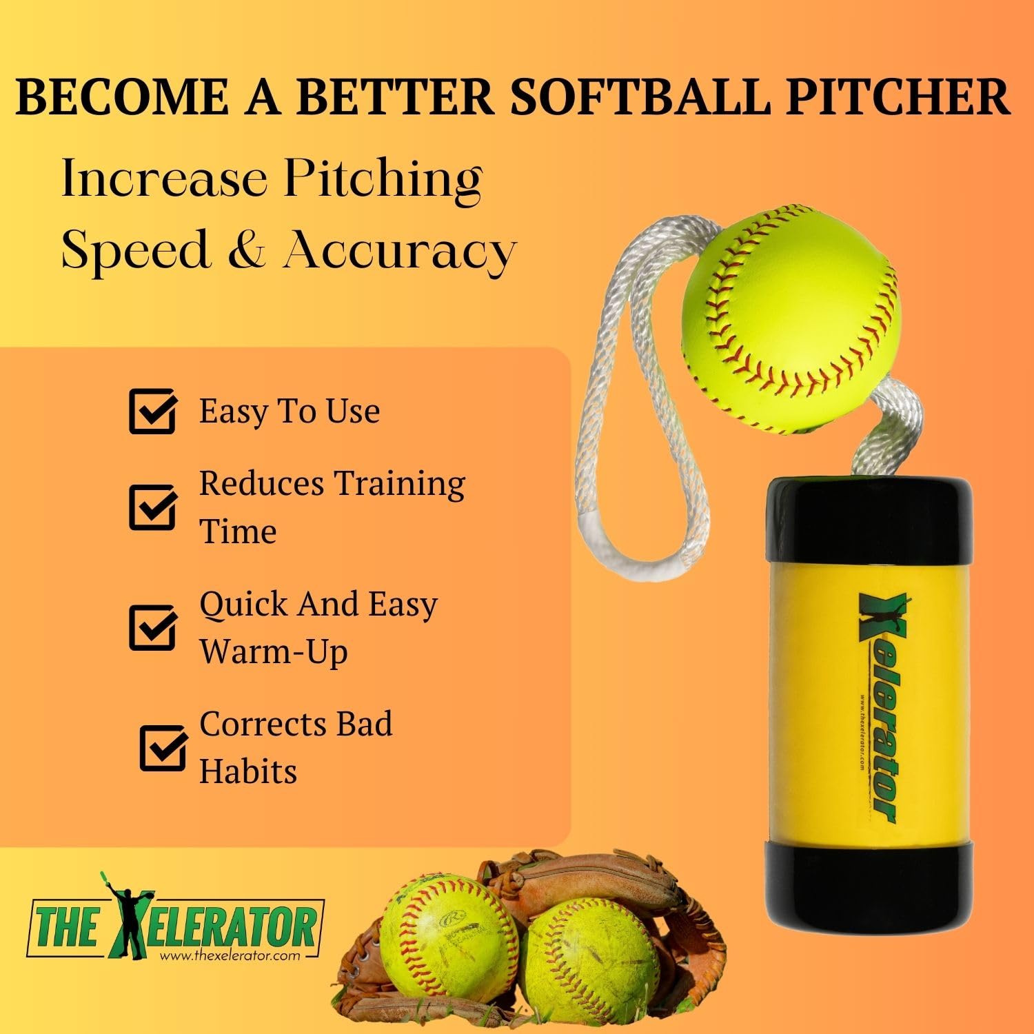 The Composite Xelerator Fastpitch Softball Pitching Trainer and Warm Up Tool with 12 Inch Premium Leather Indoor Ball for Improved Grip - Made in USA