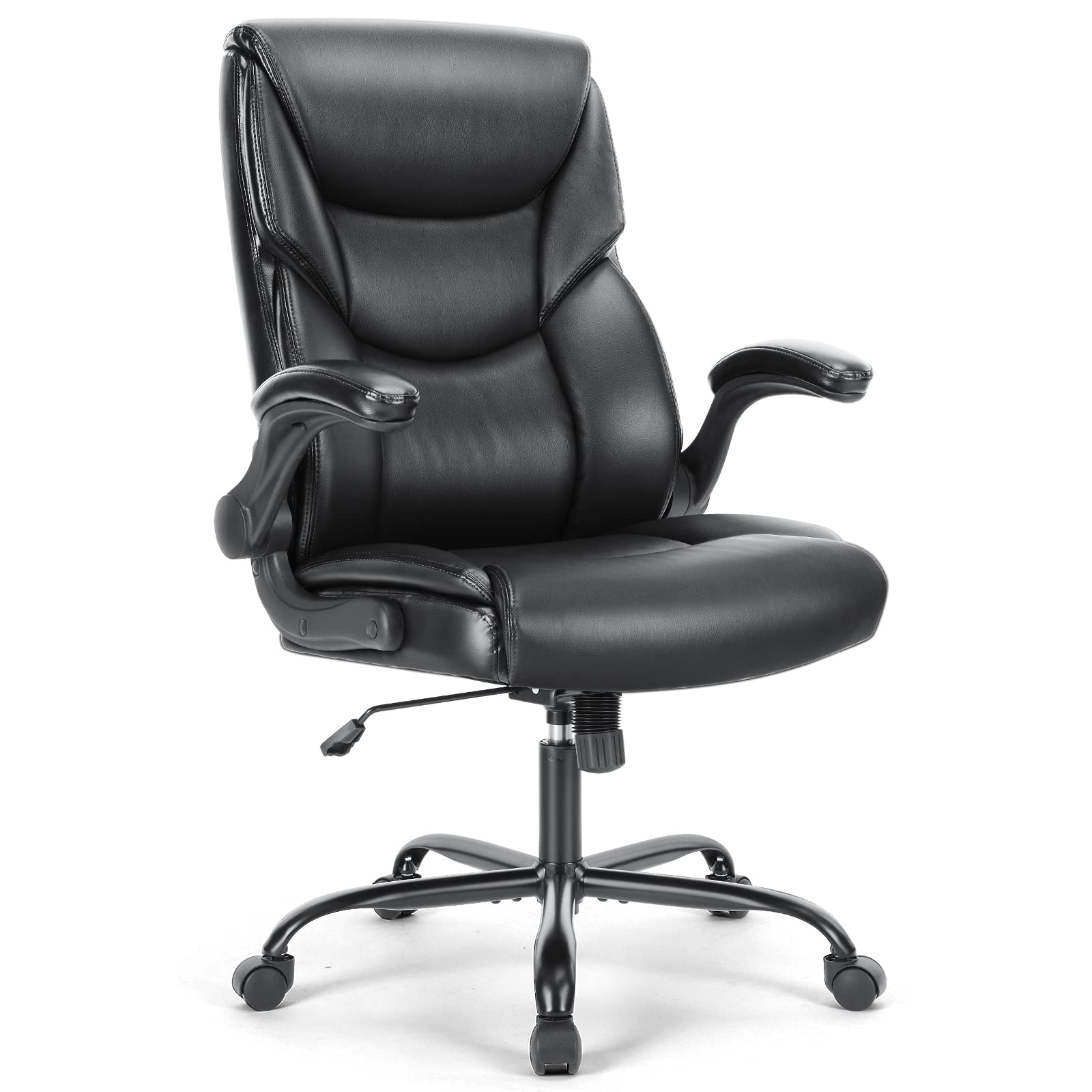 Sweetcrispy Executive Office Chair High Back, Heavy Duty Desk Chair with Wheels Computer Chair with Lumbar Support Height Adjustable PU Leather Office Chair Flip up Arms, Black