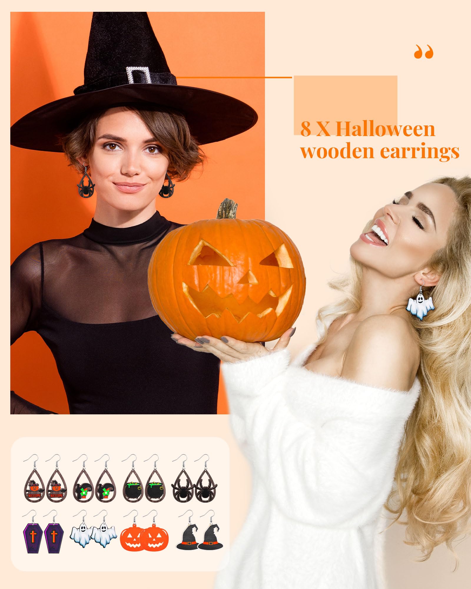 Tigeen 24 Pairs Festival Wood Cute Painted Holiday Wooden Teardrop Dangle for Gift(Pumpkin, Snowman)