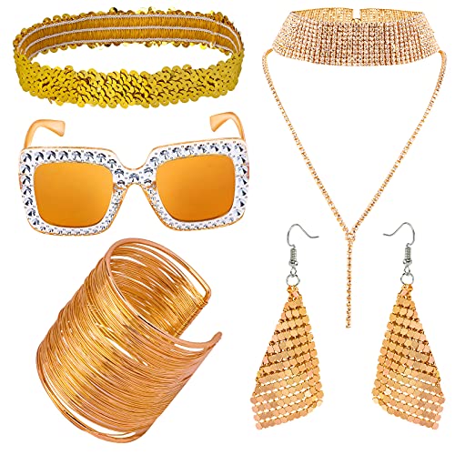 Yewong 5 Pieces 70s Retro Disco Accessories Set Oversize Square Sparkling Sunglasses Rhinestone Choker Bling Headband Cuff Bangle Bracelet Drop Dangle Earrings (Gold Set)